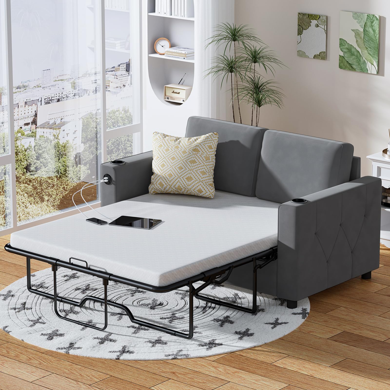 MUZZ Pull Out Couch Bed, 2 in 1 Sleeper Sofa Bed with Cup Holder & USB, Modern Velvet Sofa Bed with Foam Matress for Living Room, Apartment, Office(Queen/Dark Grey)