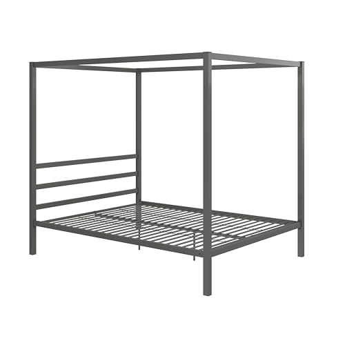 DHP Modern Metal Canopy Platform Bed with Minimalist Headboard and Four Poster Design, Underbed Storage Space, No Box Spring Needed, Queen, Gunmetal Gray