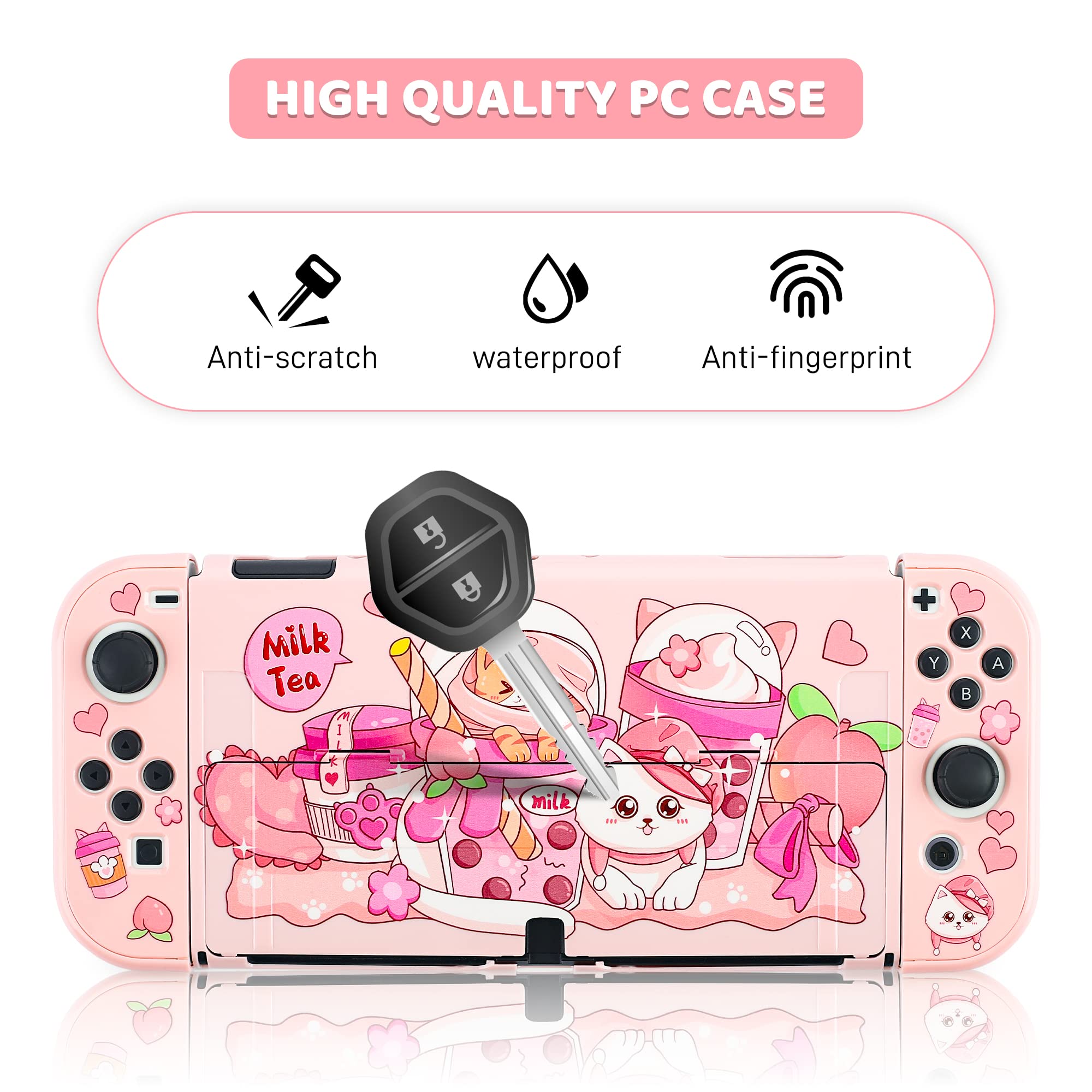 FANPL Cute Case Compatible with Nintendo Switch OLED 2021, Pink Cover with Milk Tea & Cat Pattern for Switch OLED, Hard PC Shell with Ergonomics Joycon Case, Dockable Protective Case for Girls