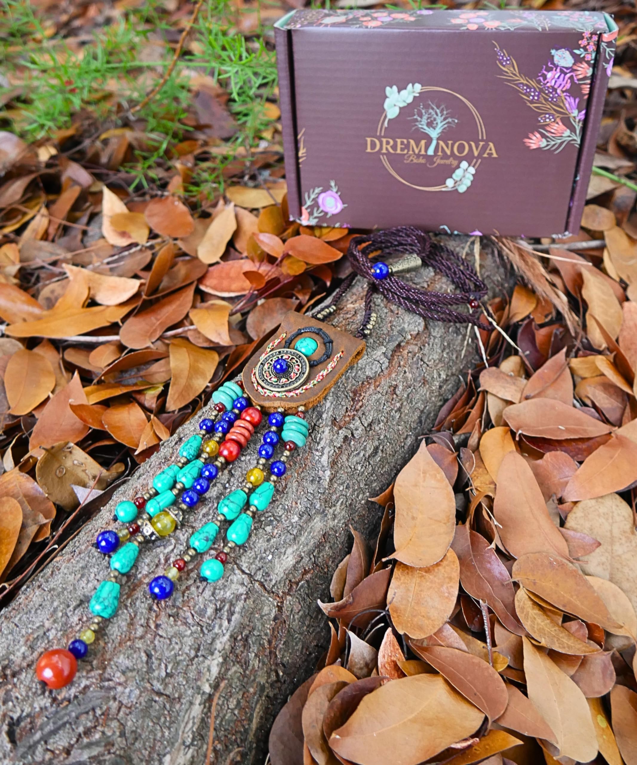 DREMINOVA Turquoise Beads Bohemian Boho Necklace Extra Long Cowboy Western Lethaer Adjustable Statetment Trendy Women’s Jewelry (Artistic Ethnic)