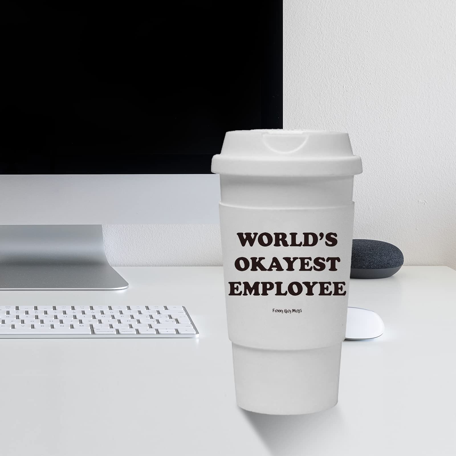 Funny Guy Mugs World's Okayest Employee Travel Tumbler with Removable Insulated Silicone Sleeve, White, 16-Ounce