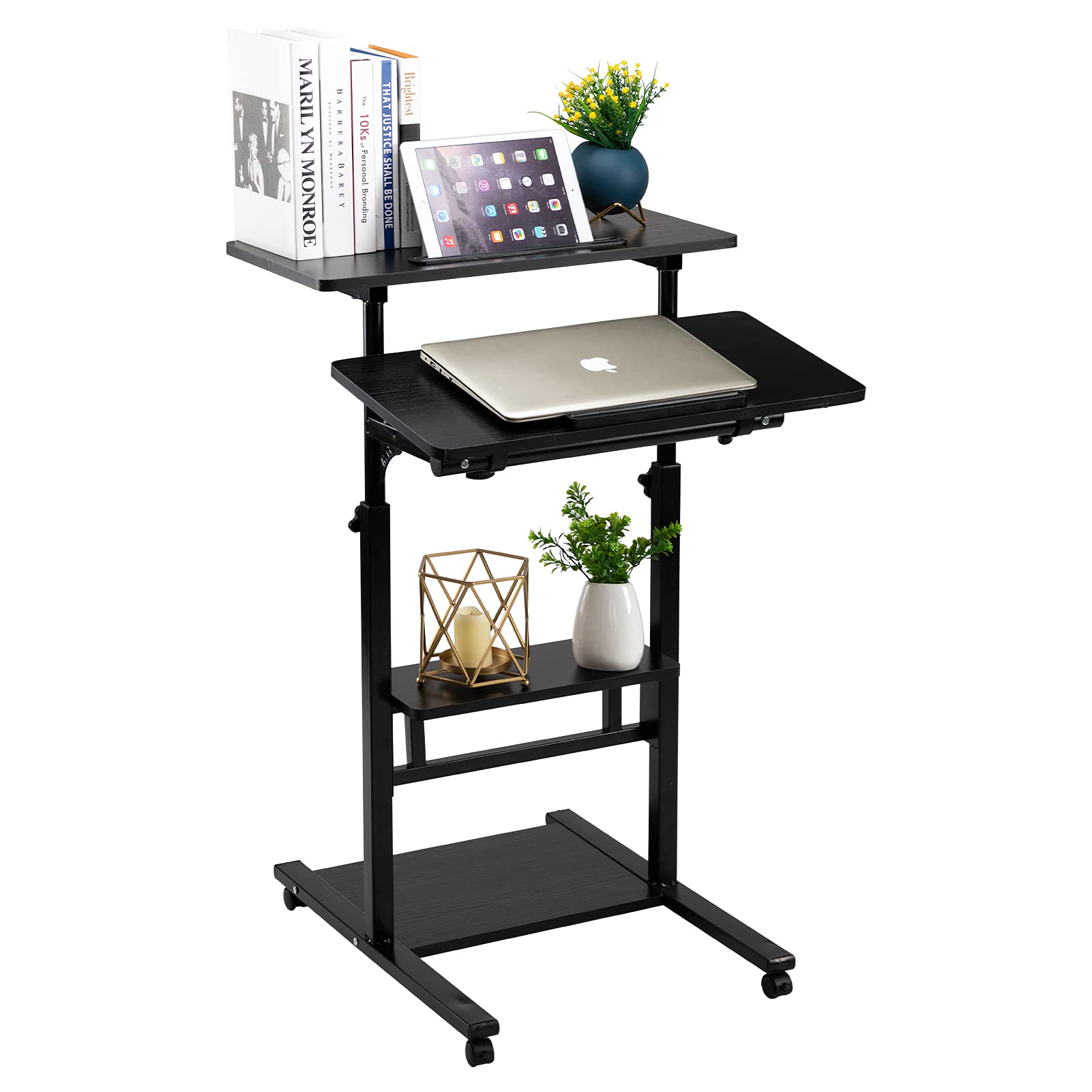 DOEWORKS Mobile Stand Up Desk, Height Adjustable Computer Work Station with Wheels, Rolling Presentation, Rolling Desk Laptop Cart for Standing or Sitting, Portable Laptop Stand Tall Table, Black