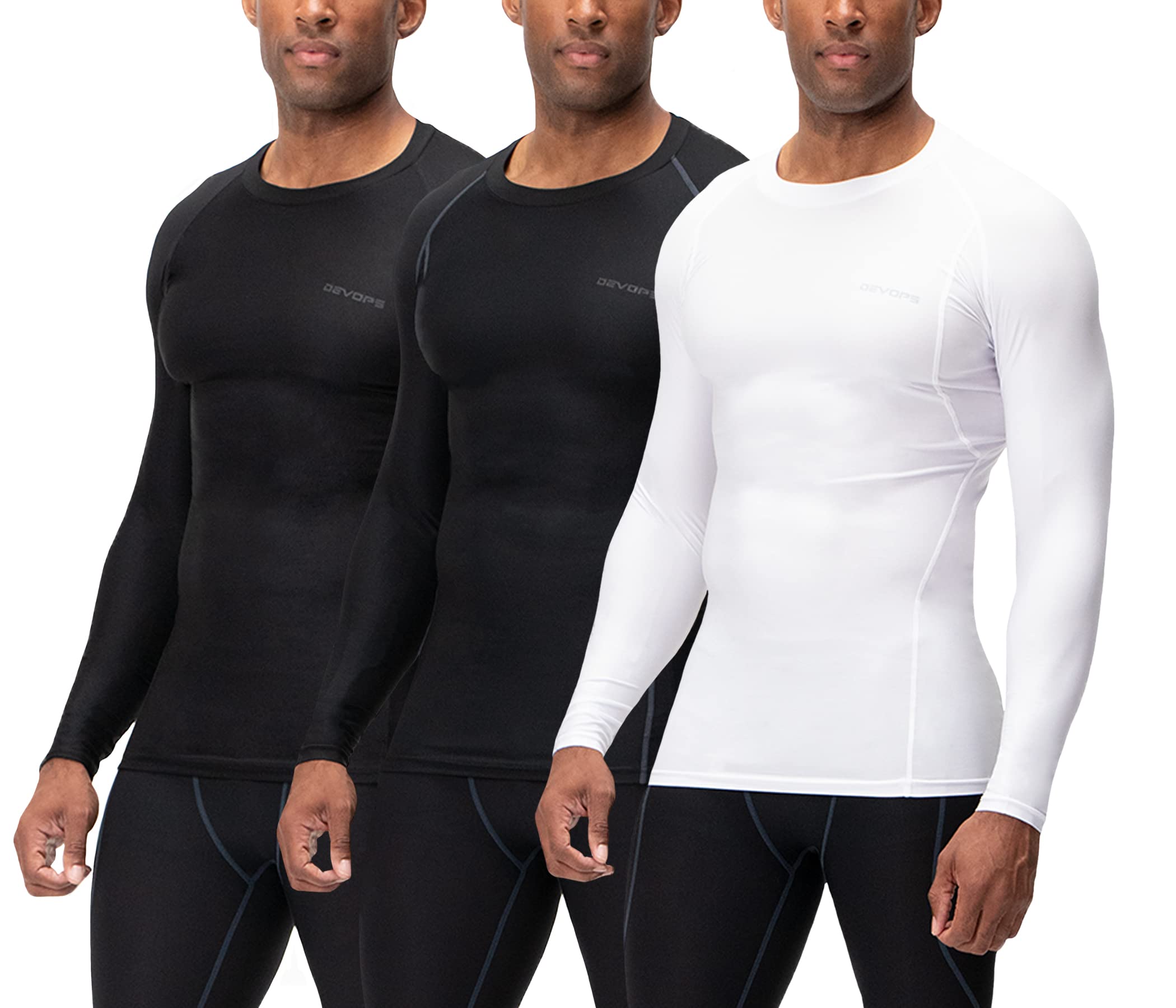 DEVOPS 3 Pack Men's UPF 50+ Long Sleeve Compression Shirts, Water Sports Rash Guard Base Layer, Athletic Workout Shirt (Large, Black-Black-White)