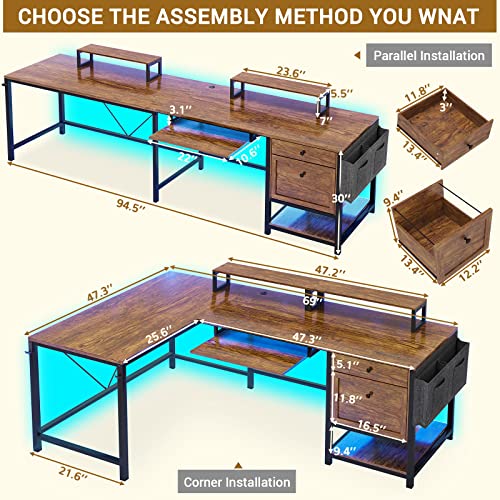 SEDETA 69" L Shaped Gaming Desk, Convertible L Office Desk to Long Computer Desk, Gaming Desk with LED Lights, Corner Desk with File Drawers & Keyboard Tray for Home Office, Rustic Brown