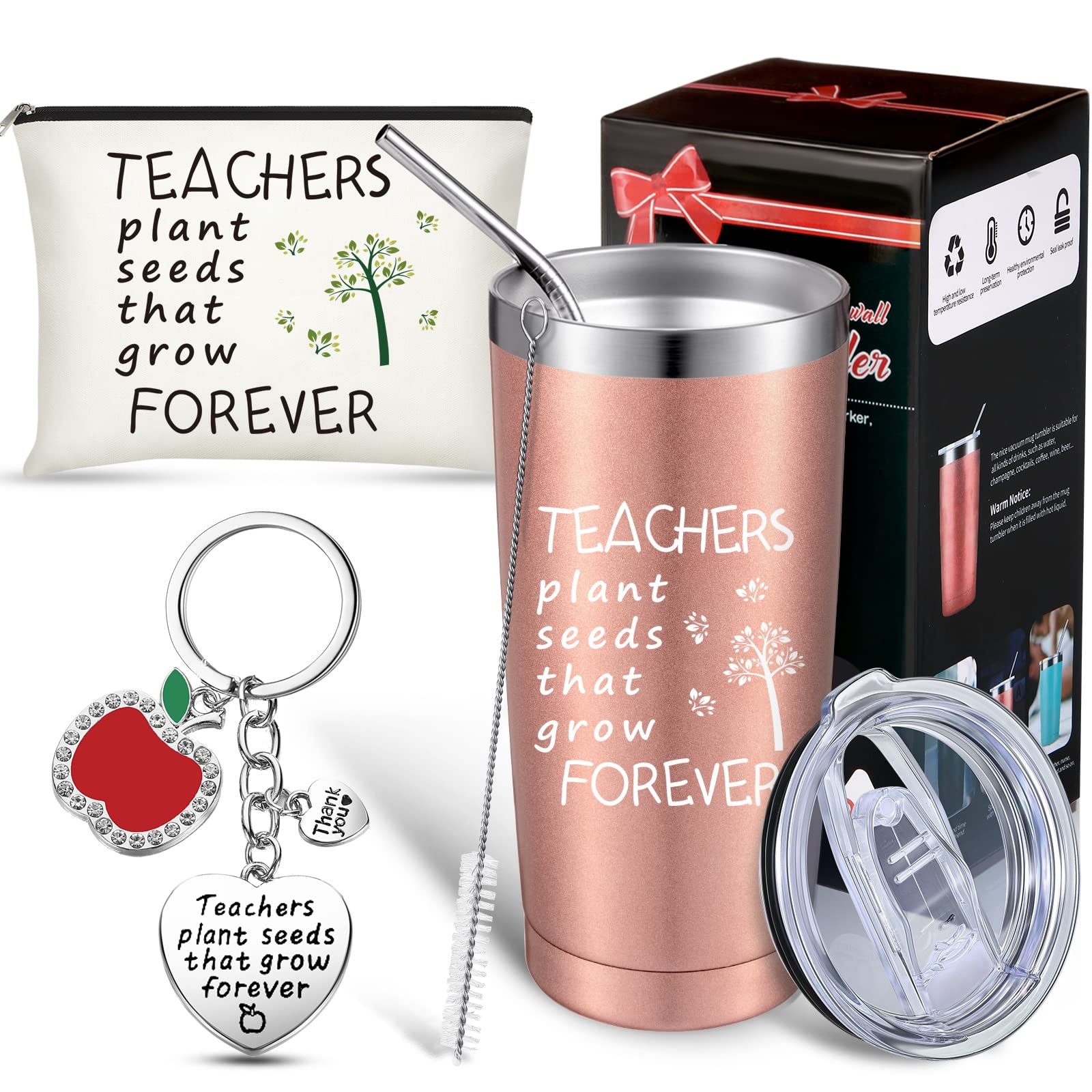 Geiserailie Christmas Teacher Appreciation Gift Sets Including Teacher Travel Tumbler Teacher Makeup Bags Keychain with Box for Women Men Thank You Teacher Gift Idea from Student(Classic Style)