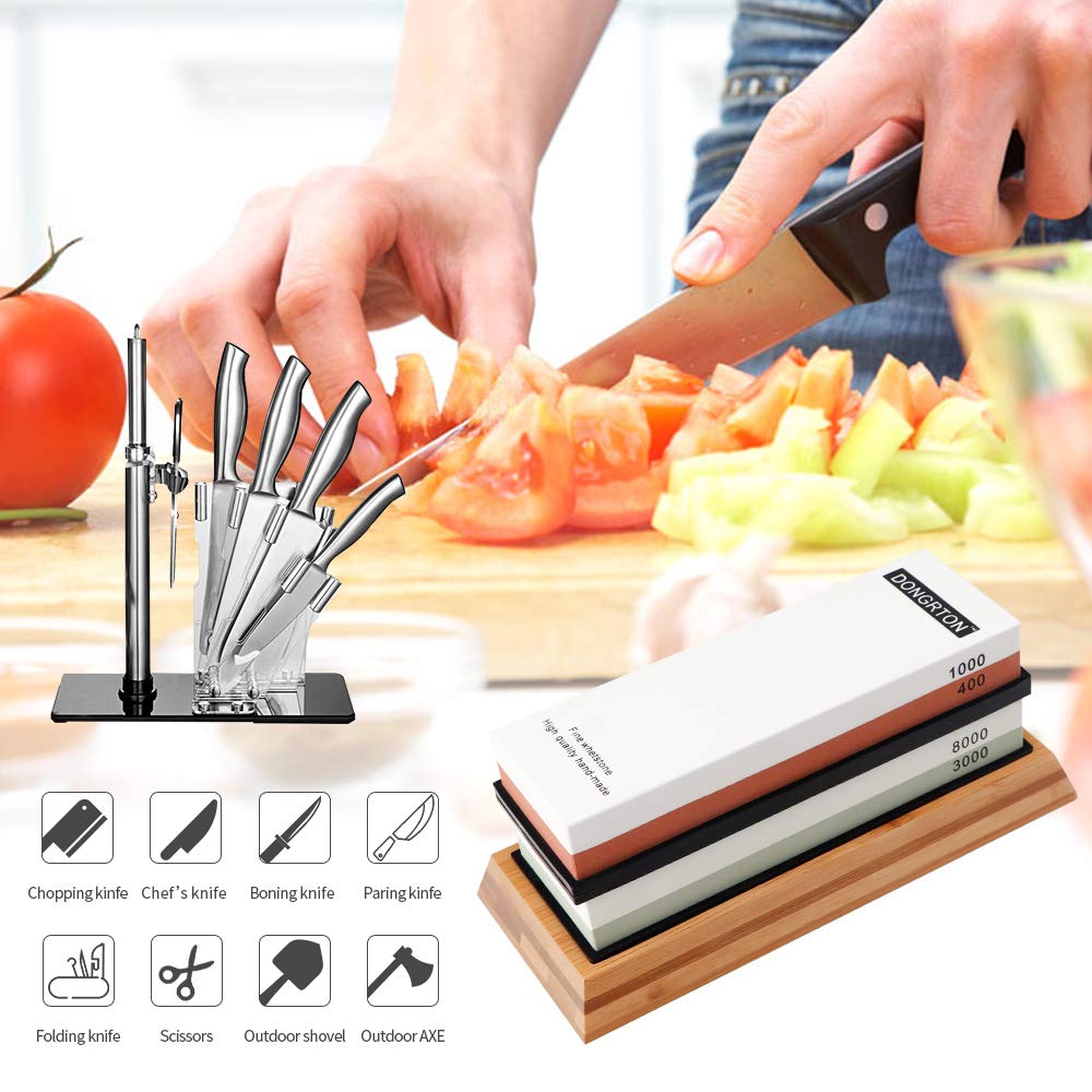 DONGRTON Knife Sharpening Stone Set Premium Whetstone Kit 400/1000 3000/8000 Grit Waterstone for Knife Sharpener Stone Leather Strop Non-Slip Bamboo Base