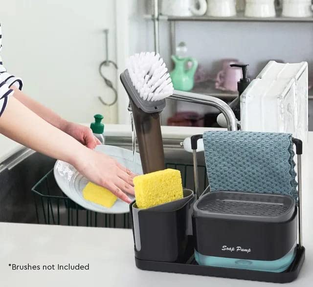 Dish Soap Dispenser for Kitchen with Sponge Holder, Dishcloth and Brush Holder, Countertop Caddy Organizer for Kitchen Sink Easy Fill with Funnel