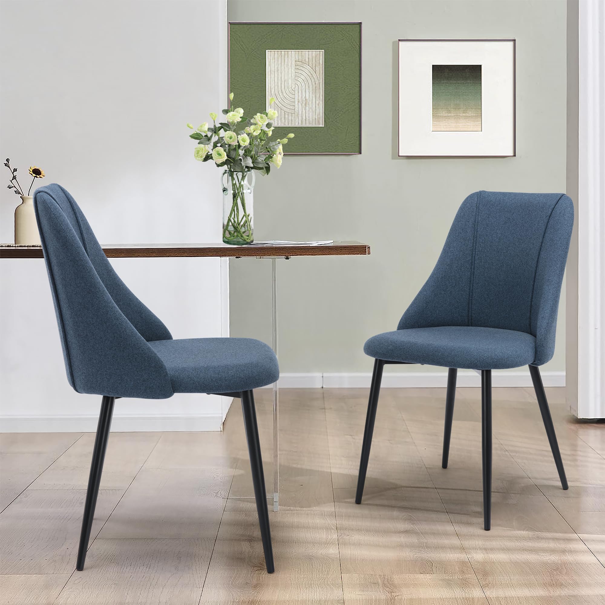 DAGONHIL Modern Dining Chairs for Kitchen,Linen-Cotton Upholstered Dining Chair Set of 2 with Black Metal Leg (Blue)