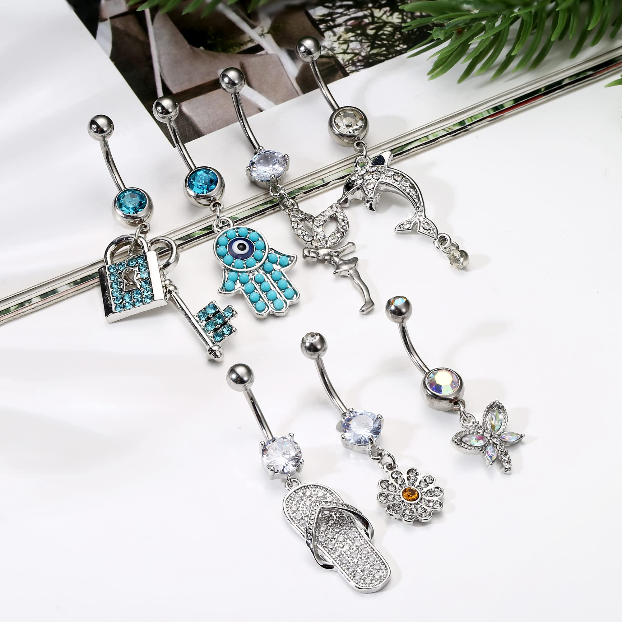 Fansilver 14G Belly Button Rings Dangle for Women Stainless Steel Butterfly Evil Eye Key lock Belly Button Rings Clear CZ Navel Rings Belly Piercing Jewelry Pack
