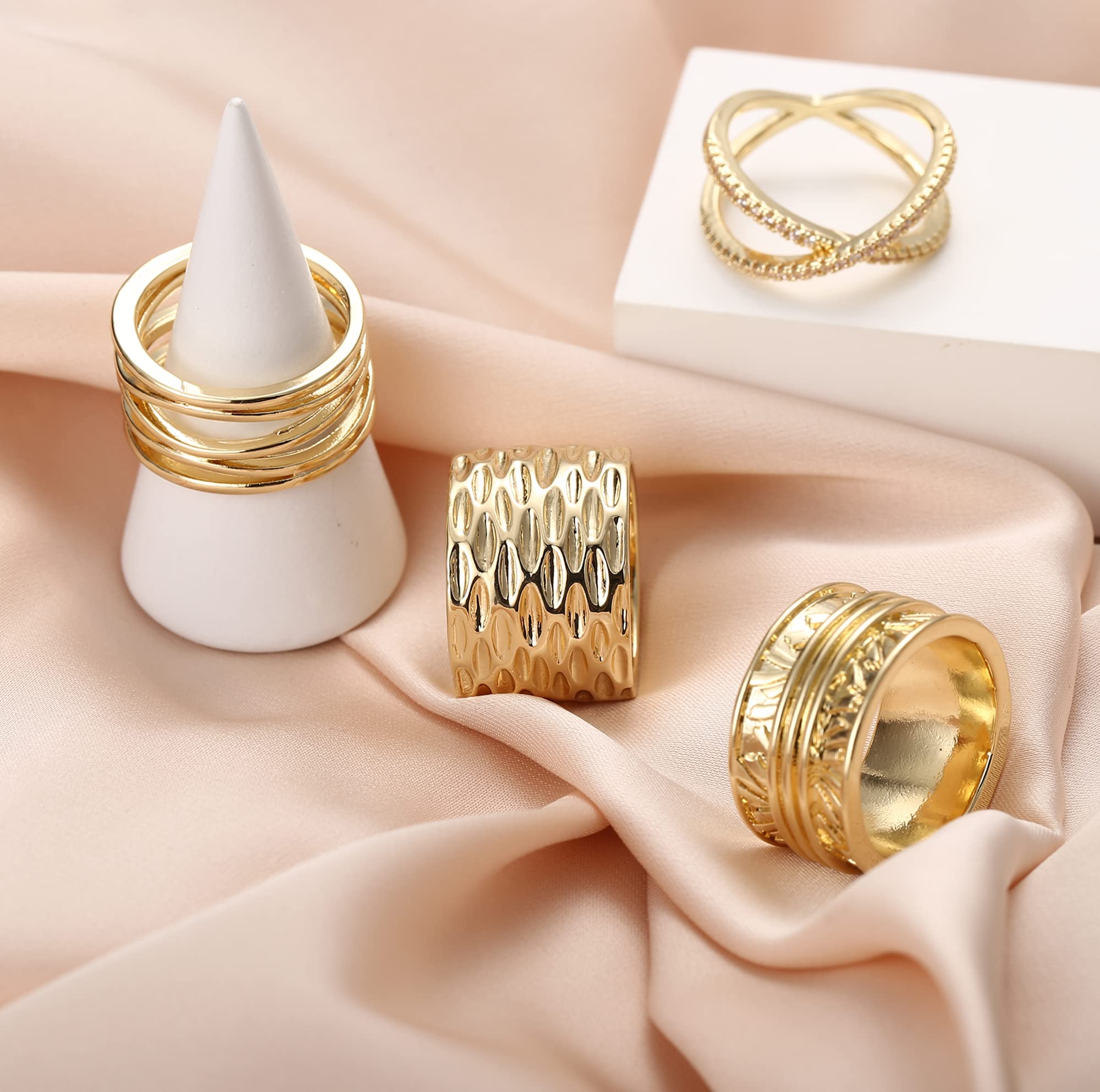 Fansilver 14K Gold Chunky Rings for Women Hammered Surface Band Ring Overlapping Classical Ring Criss Cross Rings Trendy Statement Thick Knuckle Rings
