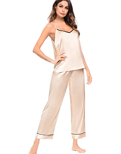 SWOMOG Womens Silk Satin Pajamas Set Two-Piece Pj Sets Cami Top and Capris Pants Sleepwear