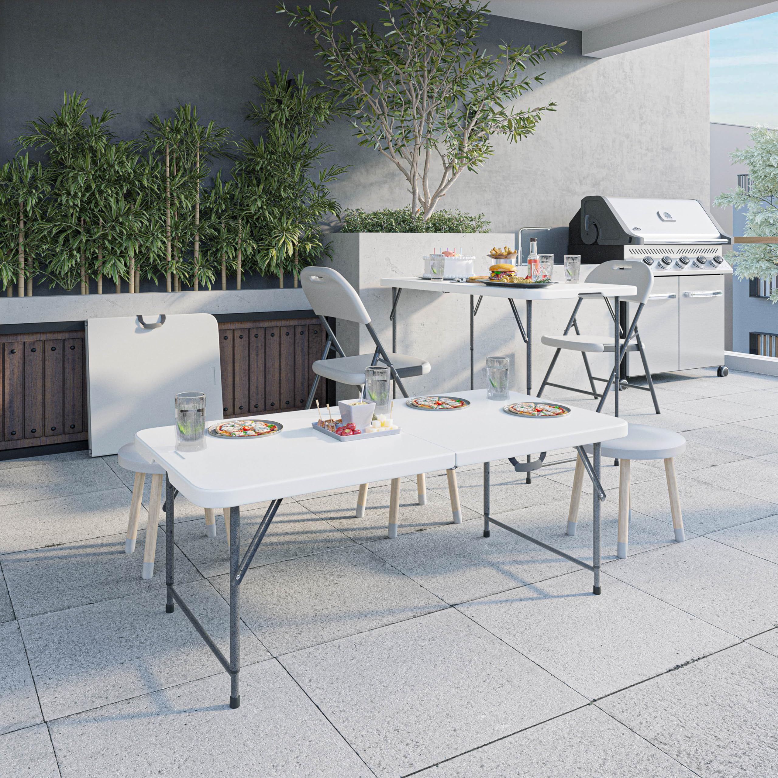 Techni Home Height Adjustable 4 FT Granite White Folding Table – Premium 4 Foot Folding Table Ideal for Camping, Picnic, Party or as Kids Table