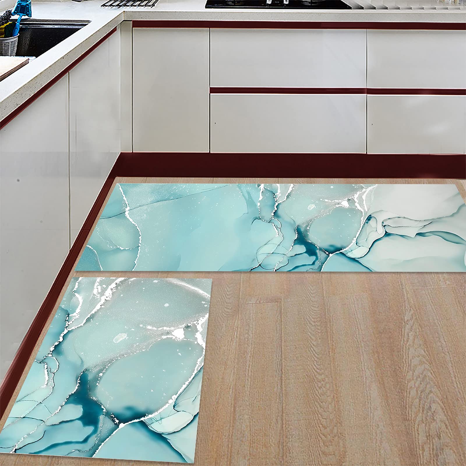 Gemhome Marble Absorbent Kitchen Rugs and Mats Set of 2, Modern Marble Non-Slip Comfort Floor Rug, Doormat Runner Carpet for Laundry Bathroom 15.7x23.6in+15.7x47.2in, Aqua Teal Marble Pattern