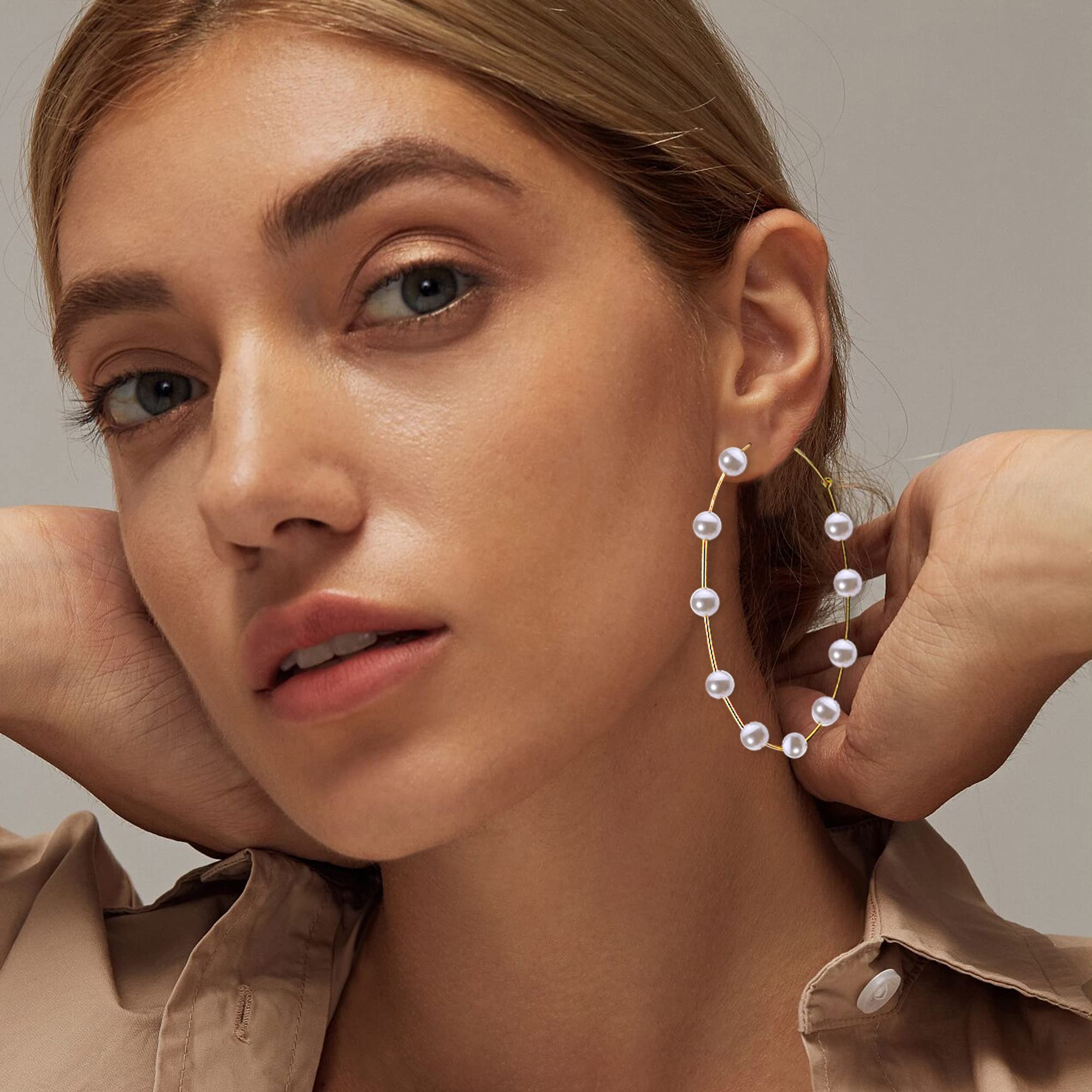 Fansilver 4Pairs Large Pearl Hoop Earring For Women Hypoallergenic Huge Circle Pearl Drop Dangle Hoop Earrings Jewelry