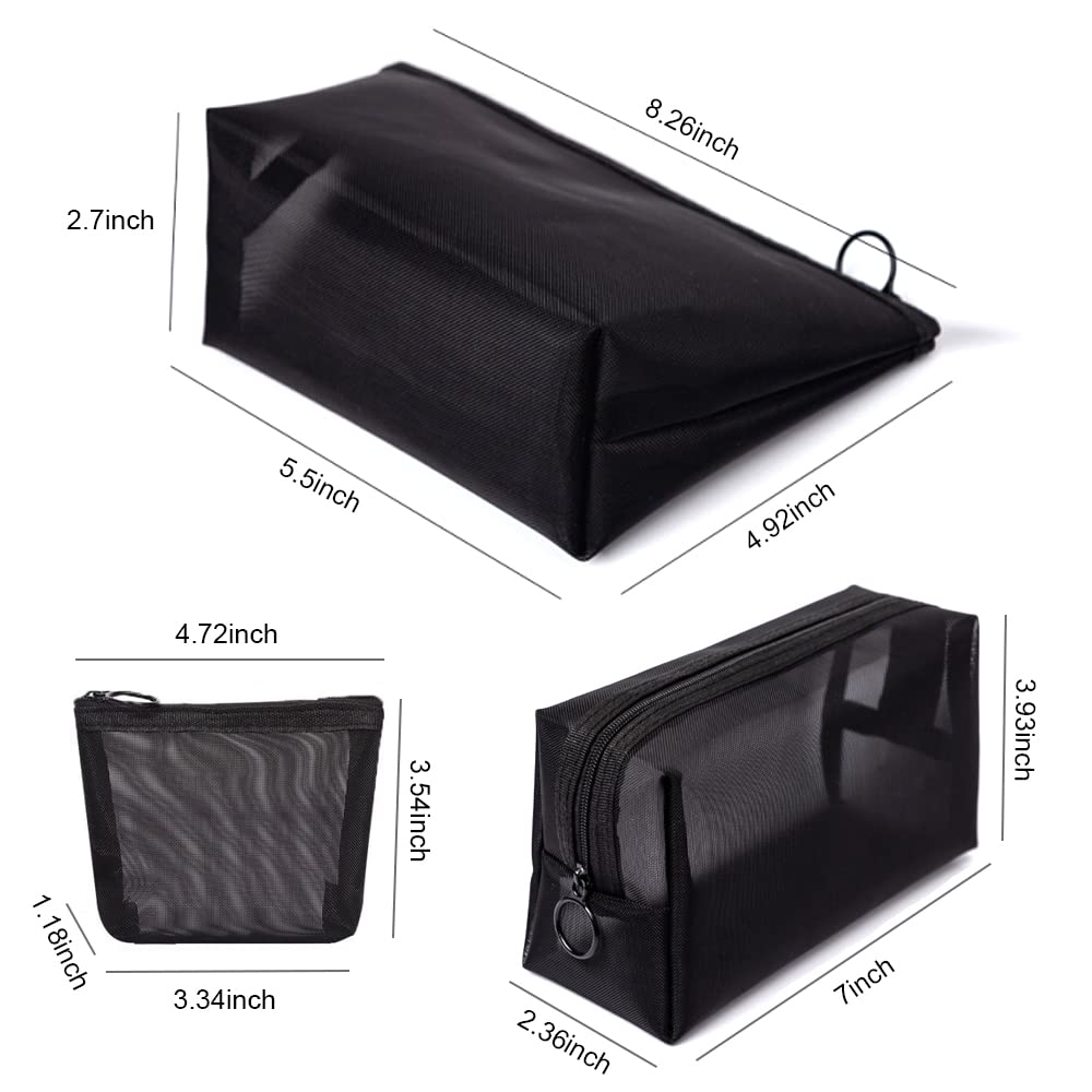 iDeep Mesh Toiletry Bag, 3 Pack Black Nylon Mesh Zipper Pouches Travel Cosmetic Organizer Case for Daily Toiletries Accessories Purse Bag