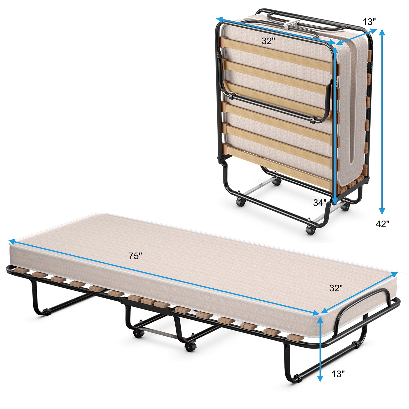 KOMFOTT Rollaway Bed with 4” Mattress, Folding Bed with Memory Foam Mattress for Adults, Portable Guest Bed with Sturdy Steel Frame, Made in Italy