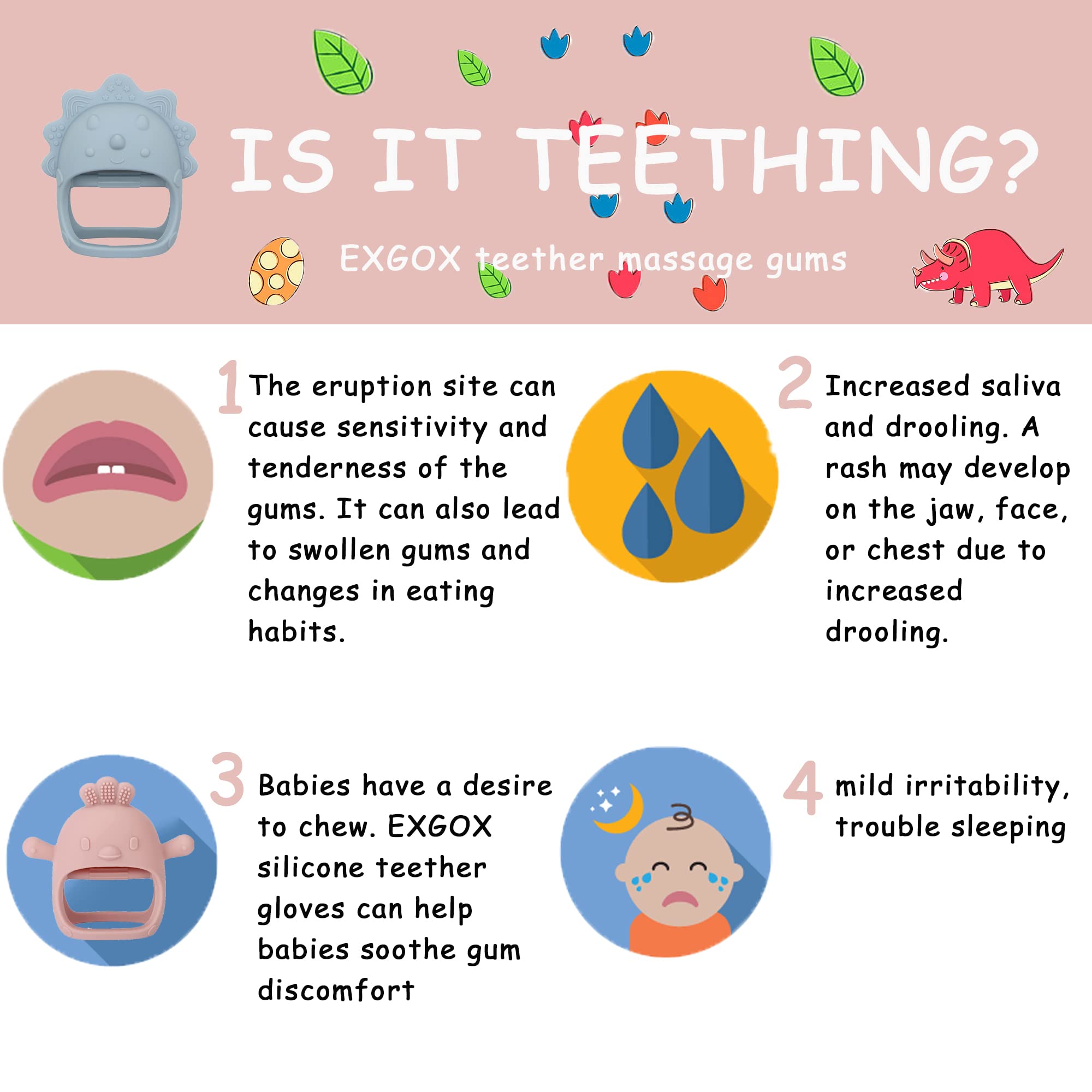 EXGOX Silicone Teether Mitten,Baby Silicone Teething Toys 3D Shape Silicone Teether Gloves for Sucking Needs and Prevent Finger Sucking Massages Gums, for Over 12 Months Breast Feeding Baby (Pink)