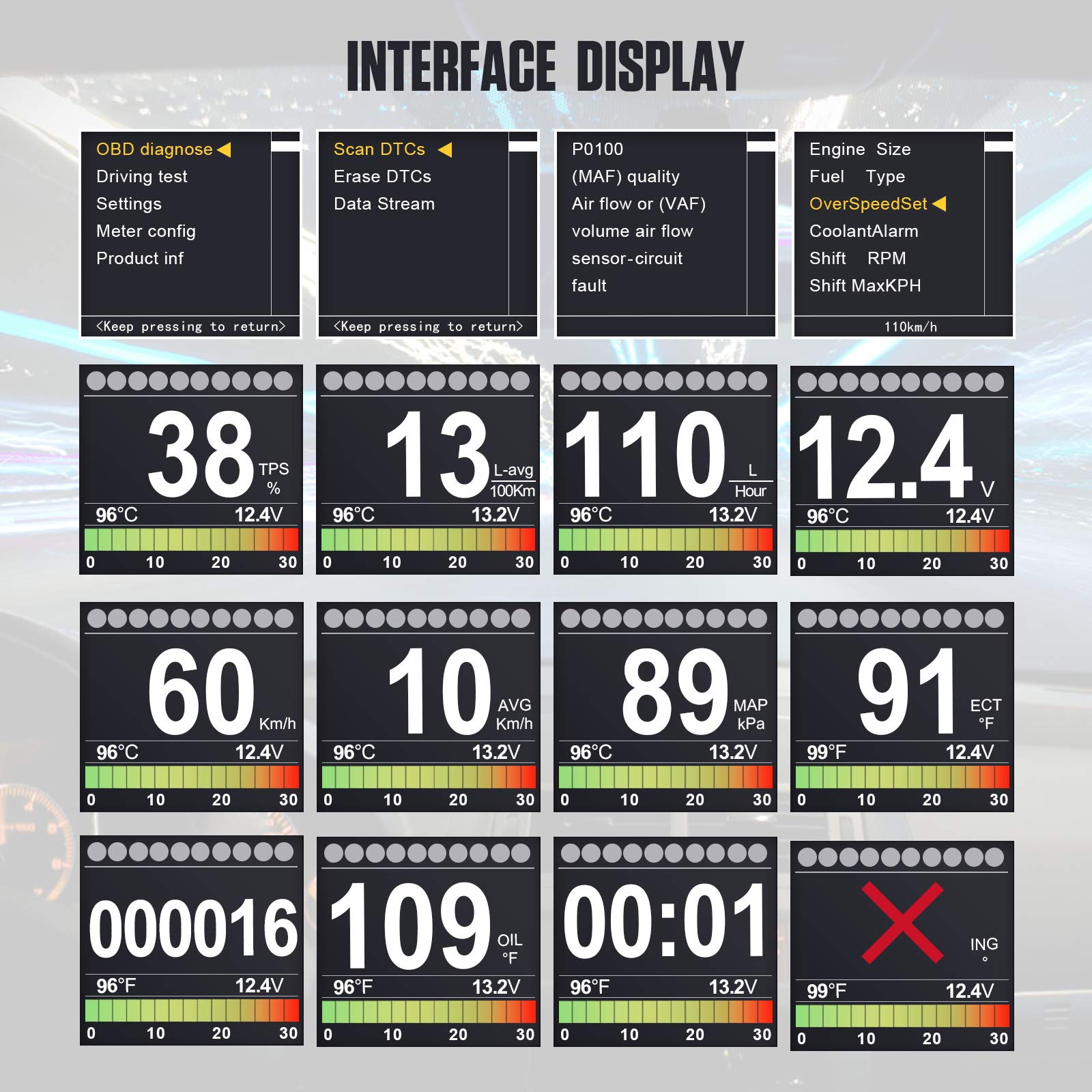 Digital Universal OBD2 EUOBD Code Reader Head Up Display with Display Battery Voltage,Engine Charging Voltages&Temperature,Overspeed Alarm,Support 12V OBDII All Vehicle