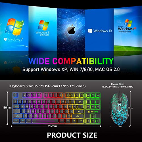 Wireless Gaming Keyboard and Mouse Combo with 87 Key Rainbow LED Backlight Rechargeable 3800mAh Battery Mechanical Feel Anti-ghosting Ergonomic Waterproof RGB Mute Mice for Computer PC Gamer (Black)