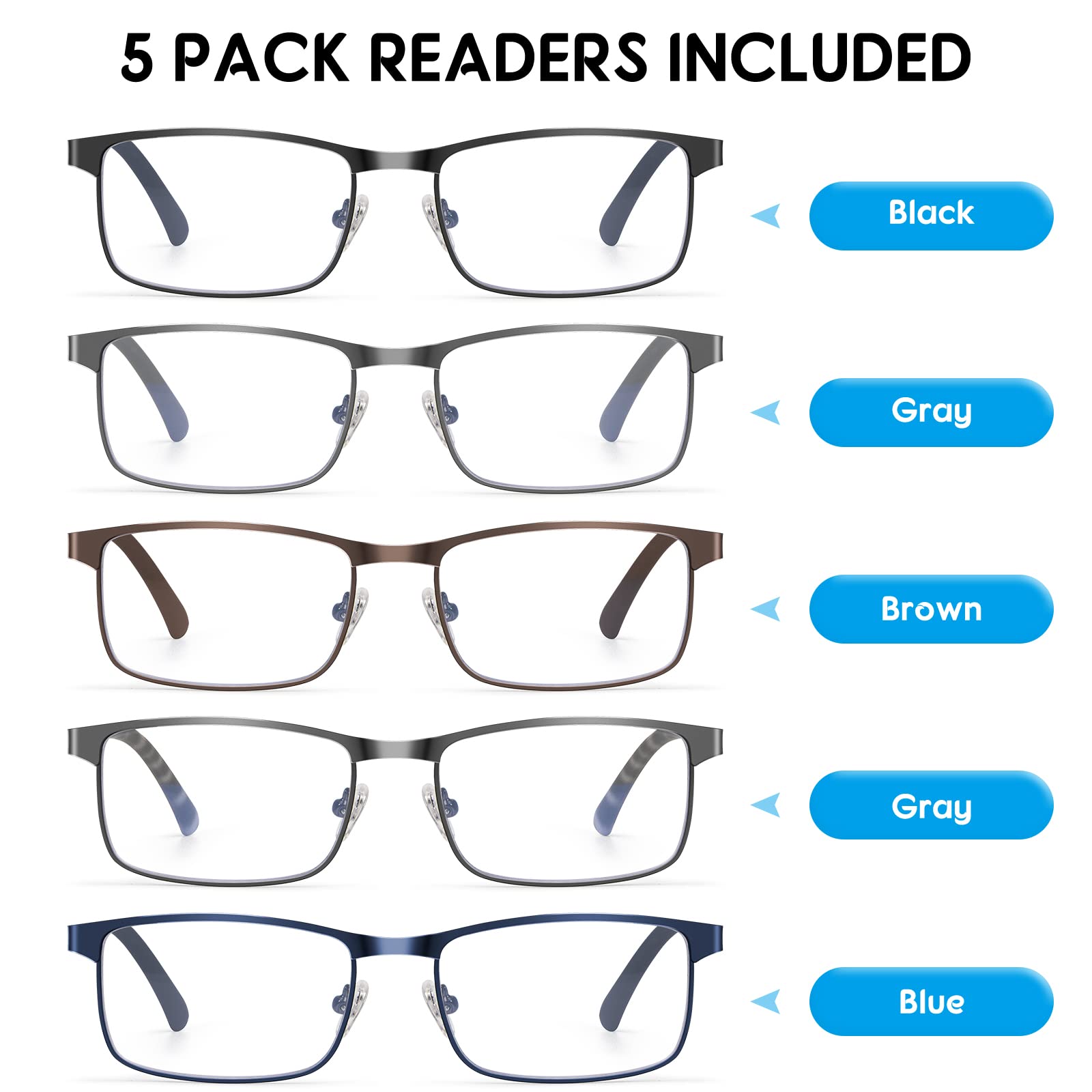 DAMIDEO Men Reading Glasses Blue Light Blocking, 1.5 Lightweight Mens Metal Readers with Spring Hinge Anti Glare Eyeglasses