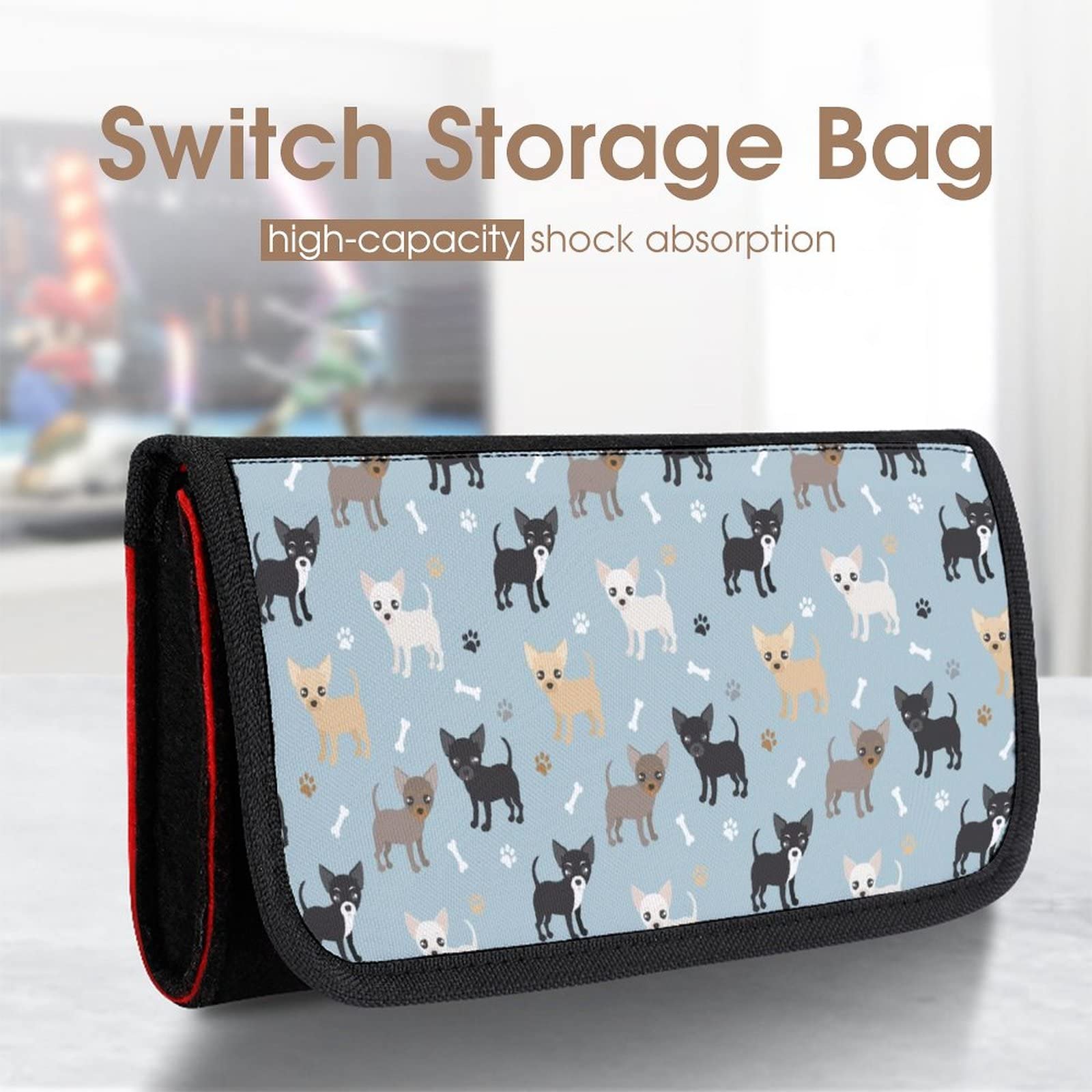 Funny Chihuahua Dogs Carrying Bag Compatible with Switch Protective Case Slim Felt Pouch with 5 Game Cartridges Holders
