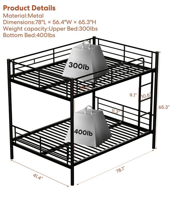Miscoos Full Over Full Metal Bunk Bed for Kids, Convertible into 2 Separate Full Beds, Heavy Duty Bunk Bed Frame with High Guardrail and Built-in Ladder, No Box Spring Needed, Noise Free, Black