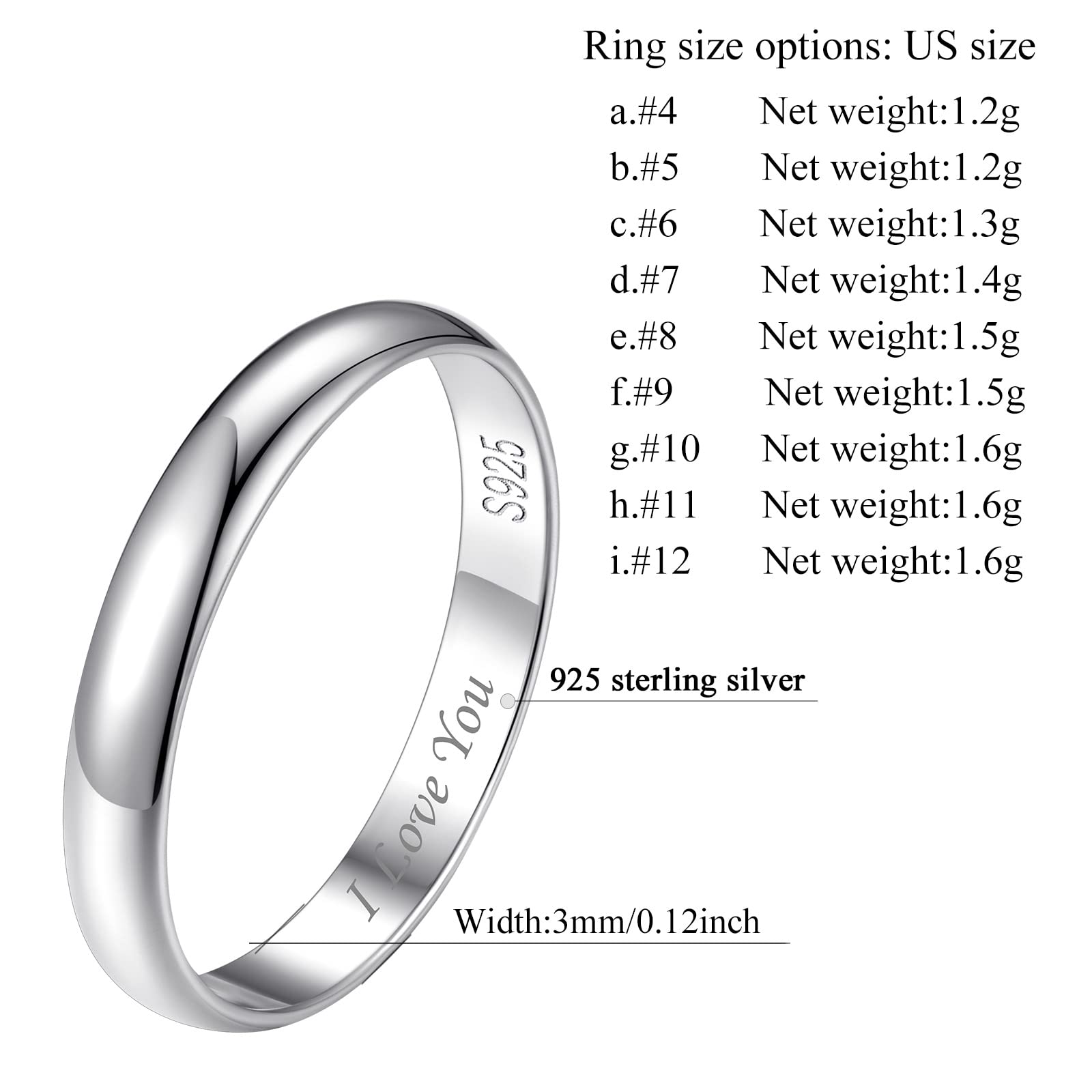 FindChic Simple Band Rings Sterling Silver Ring Jewelry for Women Wedding Ring Size 12