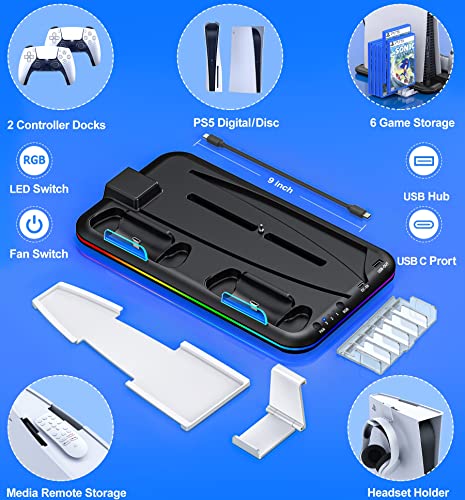 PS5 Stand with 4 Level Cooling Fan and RGB LED, Dual Fast PS5 Controller Charging Station for PS5 Digital/Disc, Accessories Incl. 6 Game Storage, Headset Holder, Dust Baffle