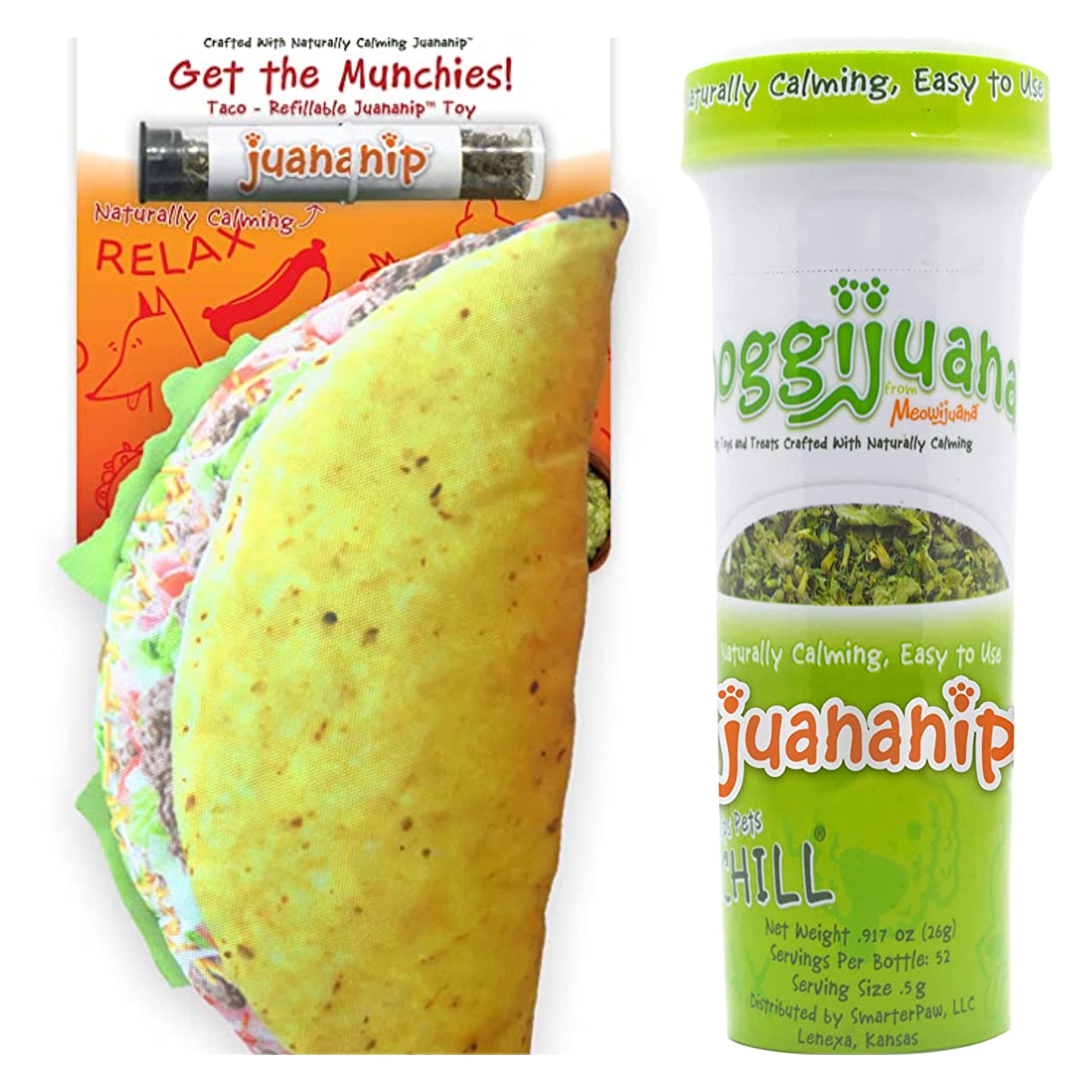 Doggijuana Get Munchies Taco / Refillable Catnip Dog Toy / Juananip™ Refill Bottle / Promotes Play and Helps Your Dog Chill