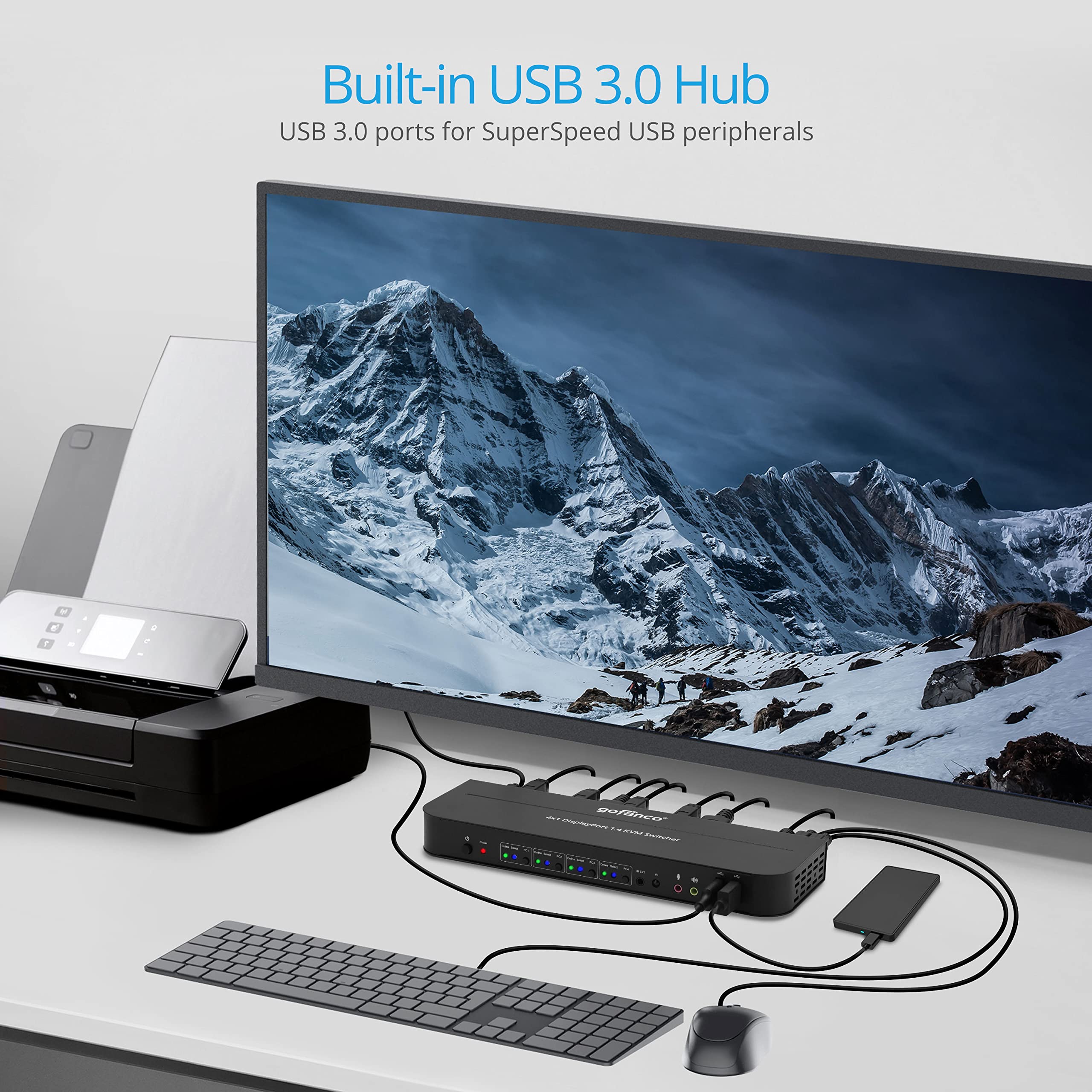 gofanco 4 Port 4K 60HZ DisplayPort KVM Switch with USB 3.0 β DisplayPort 1.4, 4K @60Hz 4:4:4, HDR, HDCP 2.2/1.4, USB Keyboard/Mouse, USB 3.0 Hub, MIC in, Stereo Out, IR Remote, Hotkeys (KVMDP-4P)
