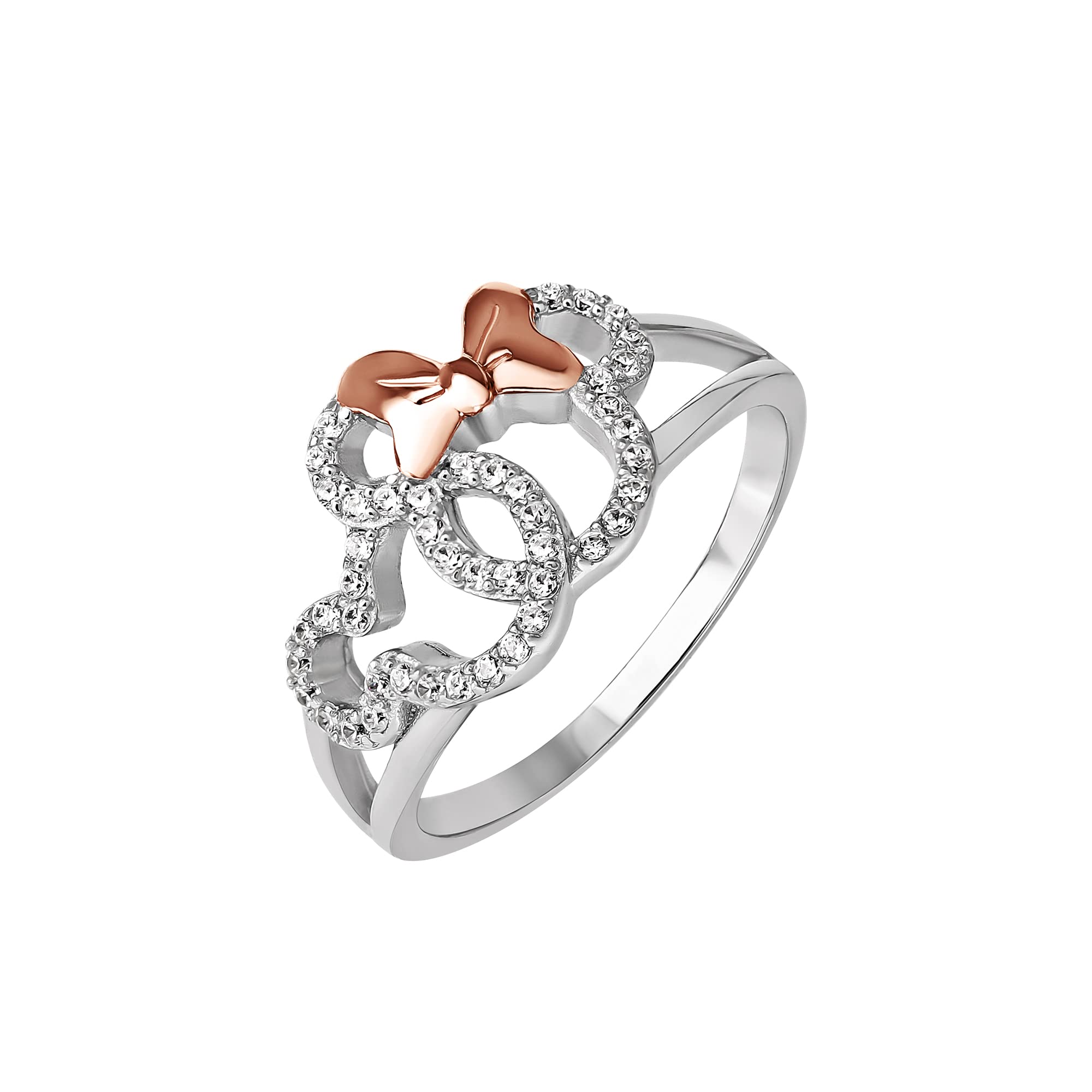Disney Two Tone Mickey and Minnie Mouse Sterling Silver Pave Set Cubic Zirconia Ring, Size 7
