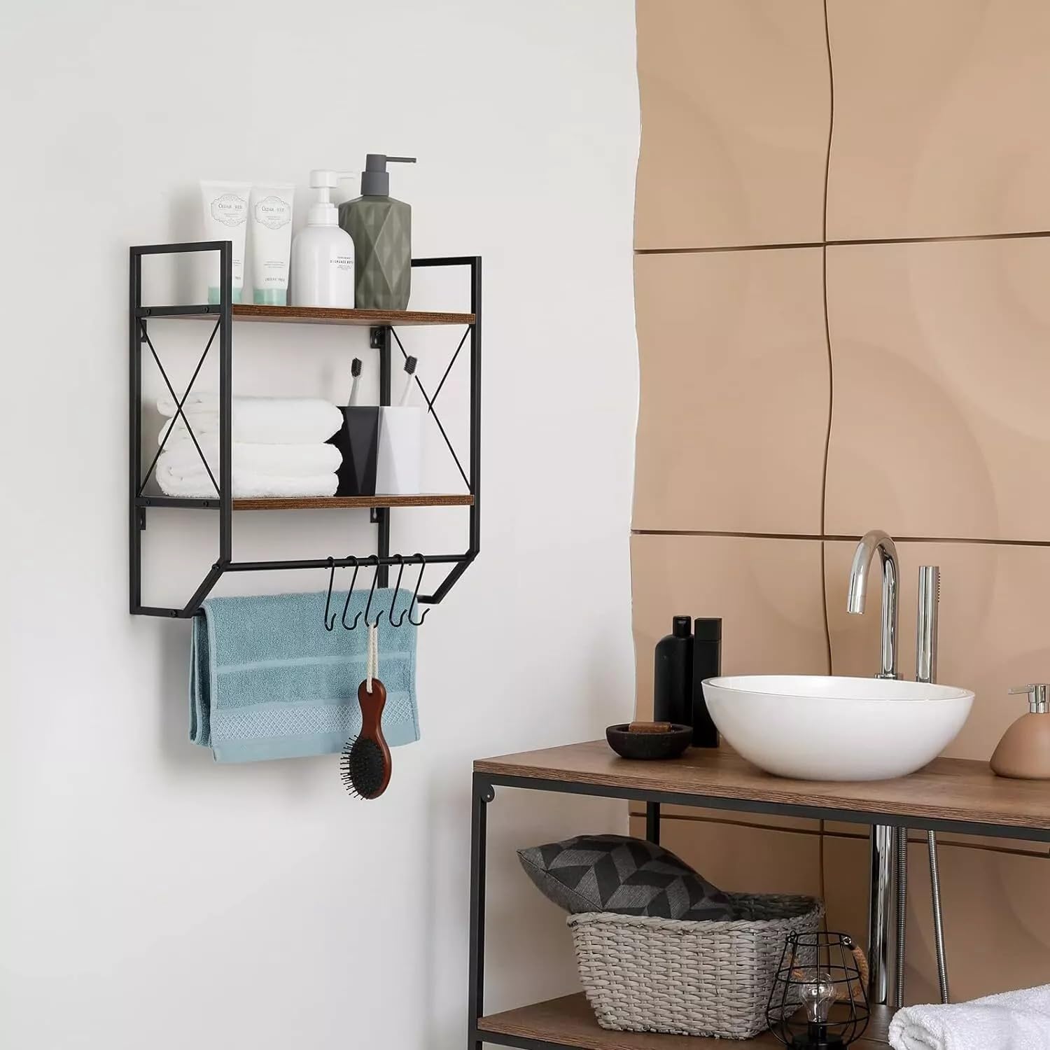 Generic VcJta Rustic Bathroom Towel Rack 2 Tier with Wall Mount Shelf & Hooks - Organizer for Towels & Essentials, Brown, E296382534364