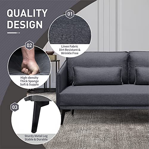 Loveseat Sofa Couch, 59" W Small Linen Sofa, 2 Seater Couch with 2 Pillows for Living Room, Bedroom, Office, Small Space (Dark Gray)
