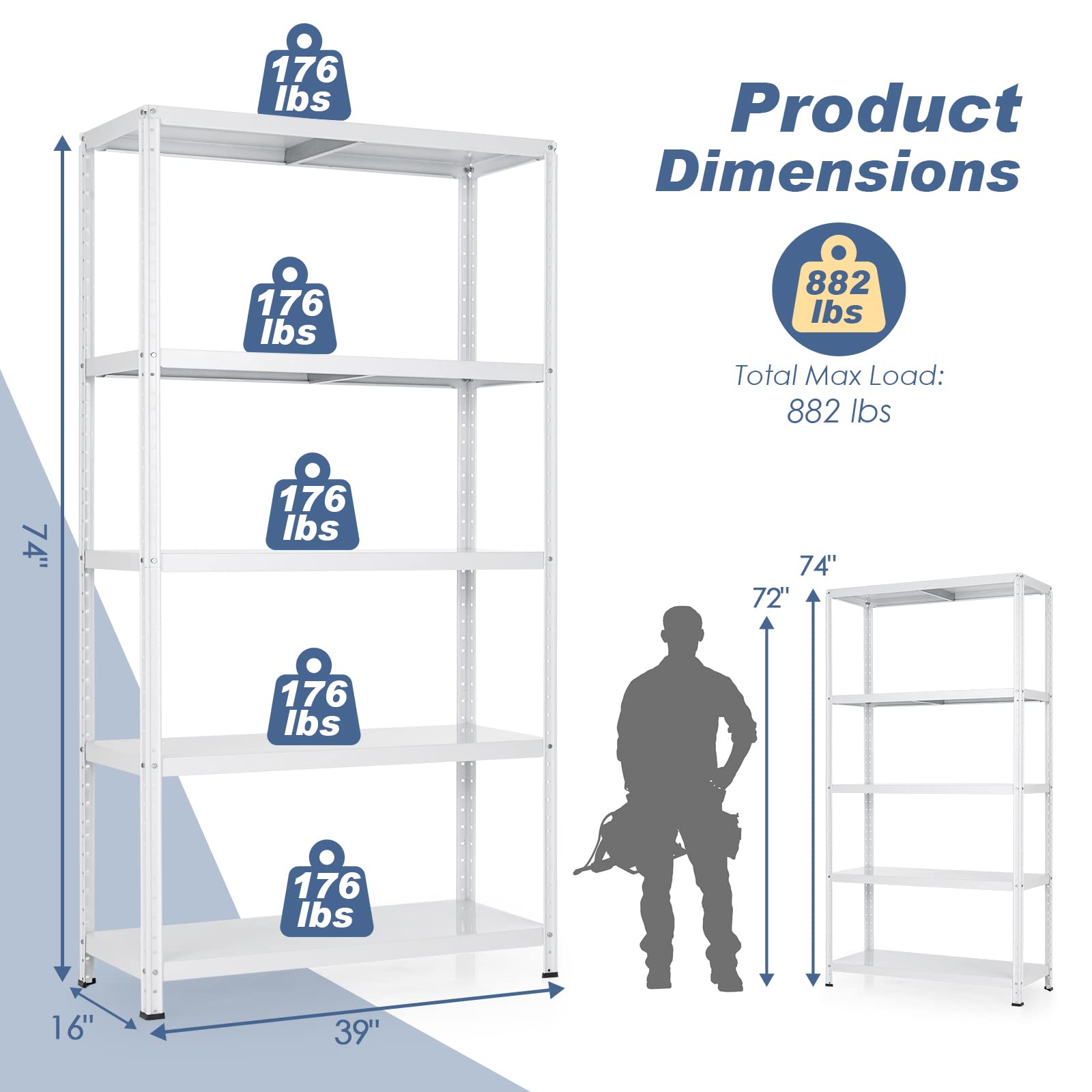GOFLAME 5-Tier Metal Storage Shelves, Adjustable Garage Storage Shelving Unit, Heavy Duty Galvanized Utility Shelf Rack for Home, Warehouse, Garage, Workshop, 39" x 16" x 74", White, 1 Pack