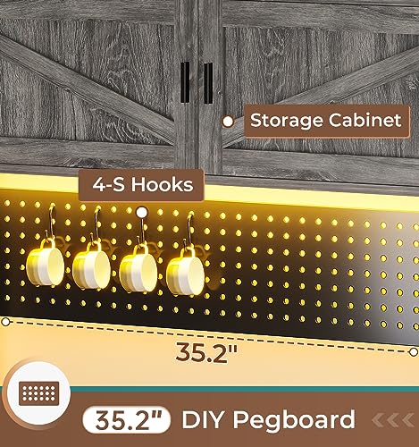 Itaar Bakers Rack with Power Outlet and Led Lights, Coffee Bar Cabinet, Microwave Stand with Wine Rack, Wire Basket, Pegboard and 8 Hoos for Kitchens with Storage, 35.4”, Grey