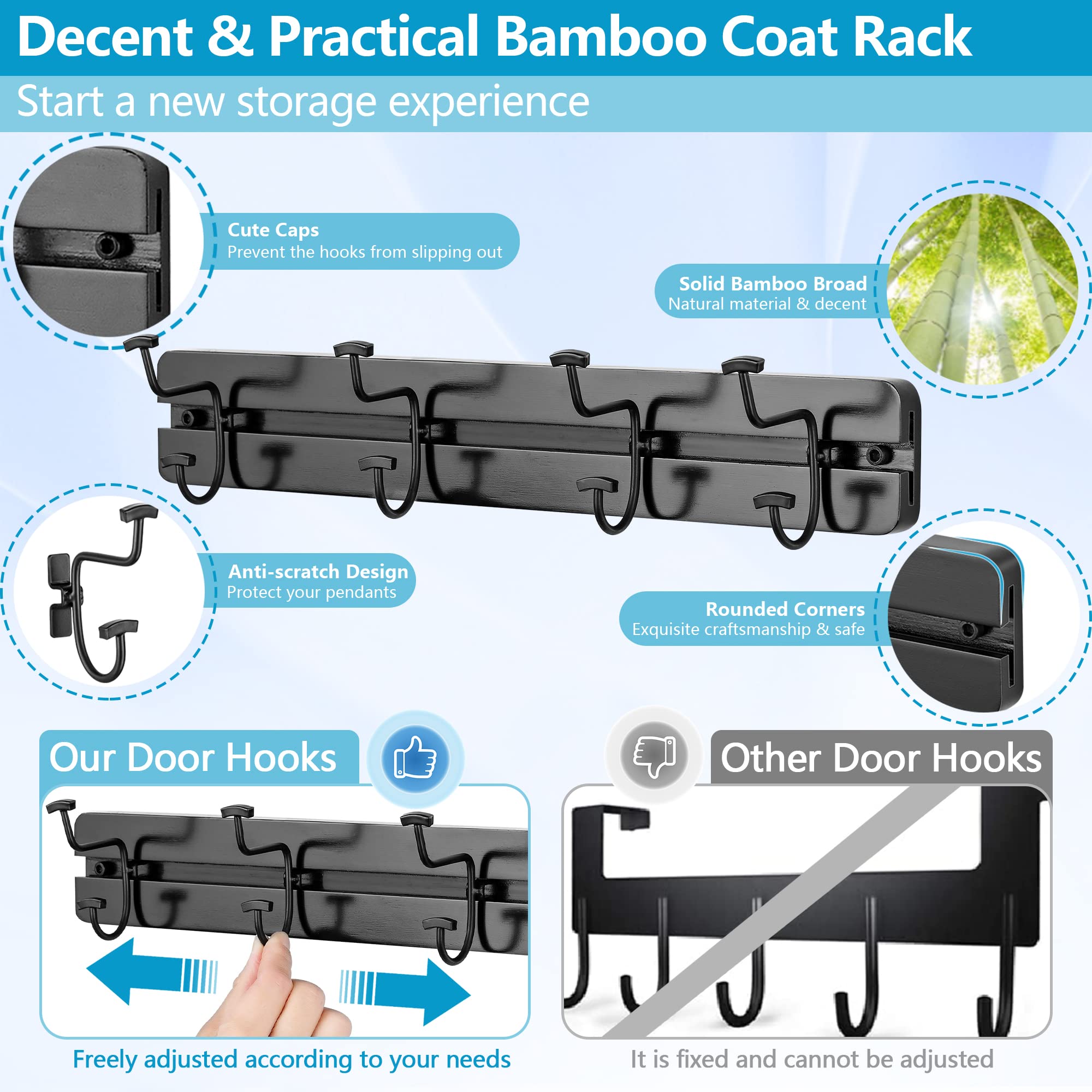 ETECHMART Over The Door Hooks Organizer, Door Hanger with 3 Mesh Baskets & Bamboo Coat Rack, Heavy Duty Towel Rack for Bathroom Kitchen Hanging Clothes Hats, Behind Back of Door Storage, Black