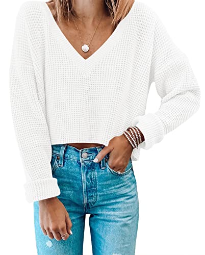 MIROL Women's Waffle Knit Cropped Top V Neck Long Sleeve Pullover Sweater Casual Solid Crop Sweatshirts White