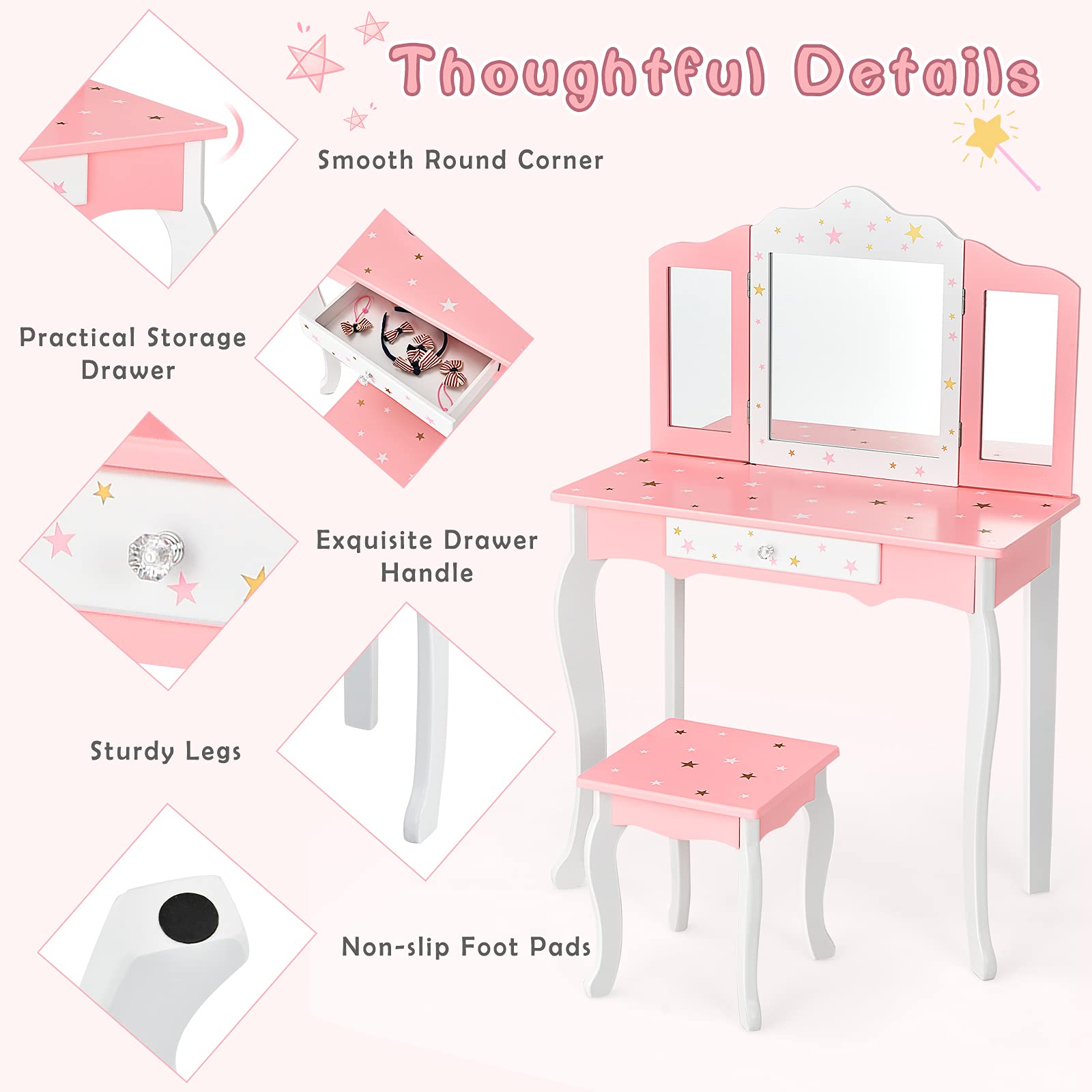 KOTEK Kids Vanity Set w/Tri-Folding Mirror, 2 in 1 Wooden Princess Makeup Dressing Table w/Detachable Top & Storage Drawers, Pretend Beauty Play Vanity Table Set for Girls (Pink Star Print)