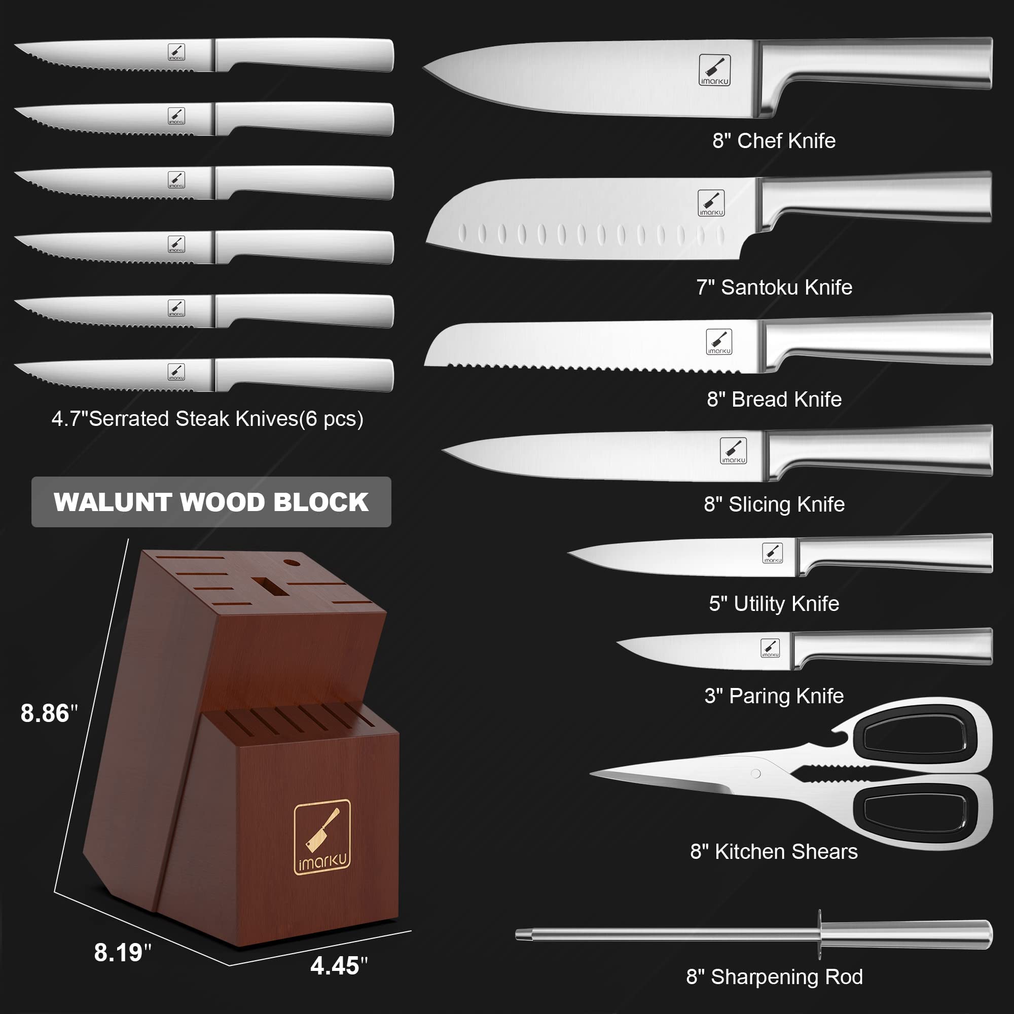 imarku Knife Set,15 Pieces Japanese Kitchen Knife Set,High Carbon Stainless Steel Knife Block Set for Kitchen with Sharpener,Dishwasher Safe,Sharp Knife Set for Chef Gifts