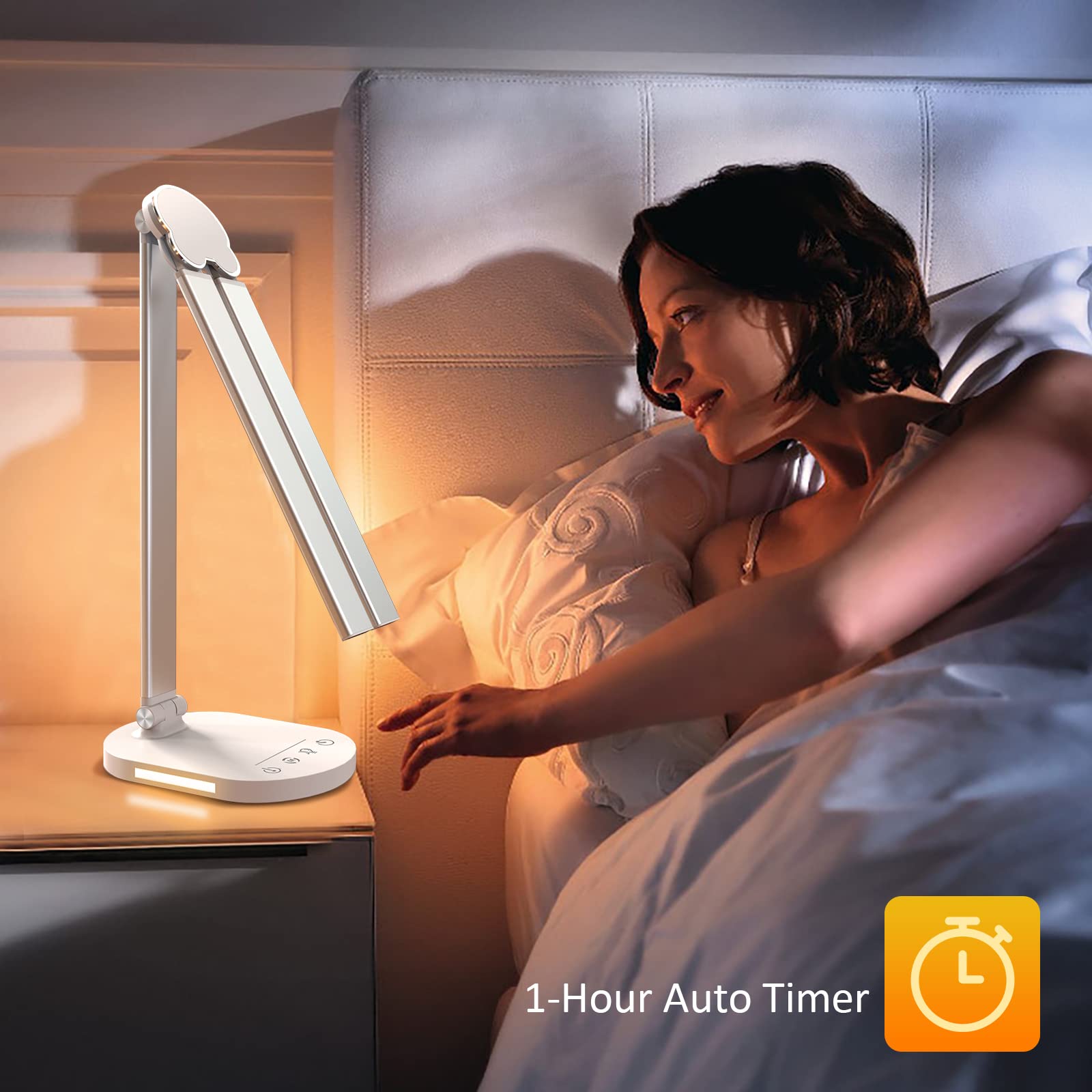 Doeklpo Desk Lamp, LED Desk Lamps for Home Office, Eye-Caring Double Head Desk Light with USB Charging Port, Night Light, 5 Light Mode 5 Brightness Levels, Desk Lamps for Office Study Reading