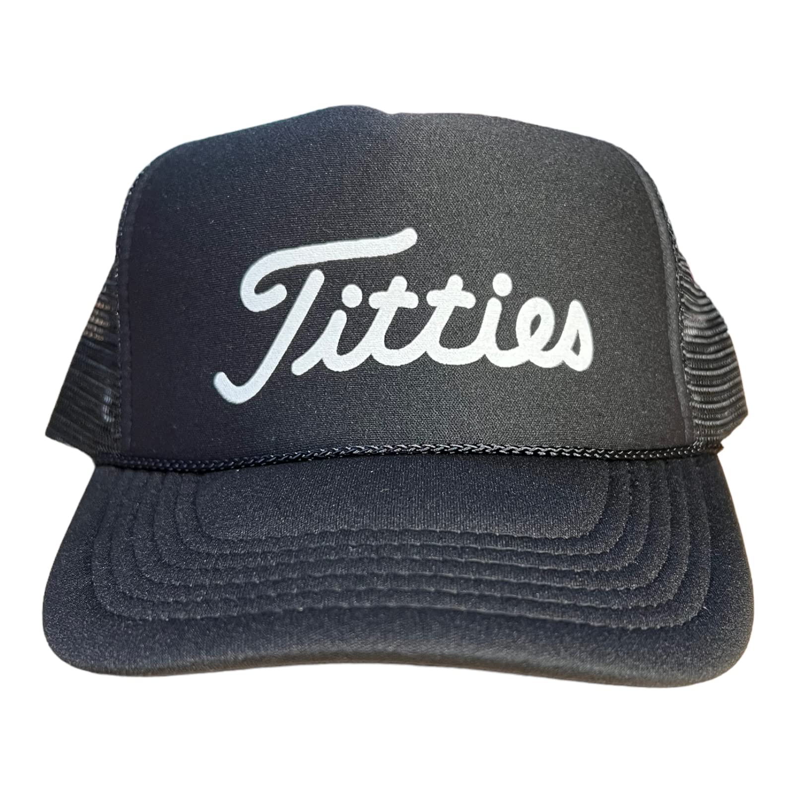FUNNY TRUCKER HATS,Titties Snapback Trucker Hat for Men or Women,Vintage Fit with Funny Novelty Graphic,Custom Mesh Cap Golf Golfing Hat(Black/White),Medium-X-Large