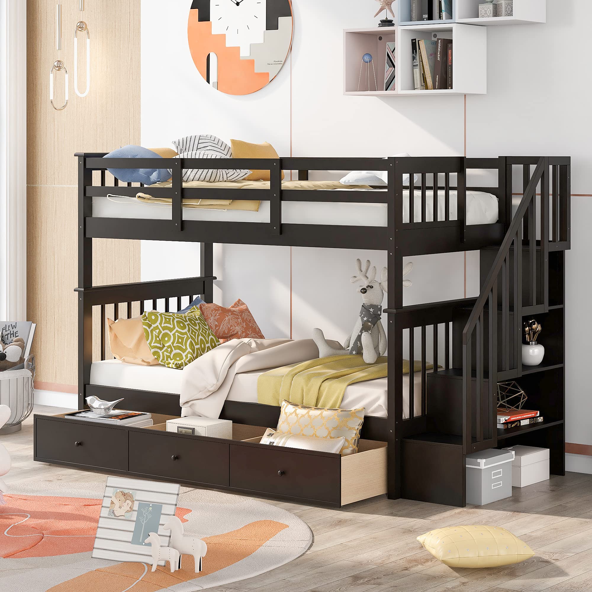 LostCat Full Over Full Bunk Beds, Full Size Bunk Bed with Drawers, Storage Stair and Shelves, Can be Divided into Two Beds, Bunk Bedframe for Teens and Adults, No Box Spring Needed, Espresso