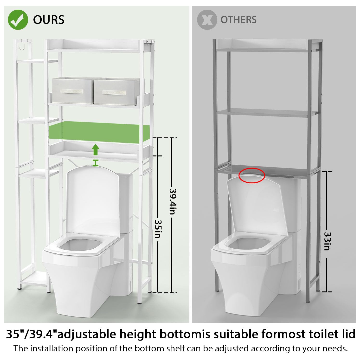 LWADALN Over The Toilet Storage Shelf, 7-Tier Bathroom Organizer Shelf, Freestanding Space Saver Storage Shelf with Two Fabric Drawers & Adjustable Feet, Toilet Rack for Bathroom, Restroom, Laundry
