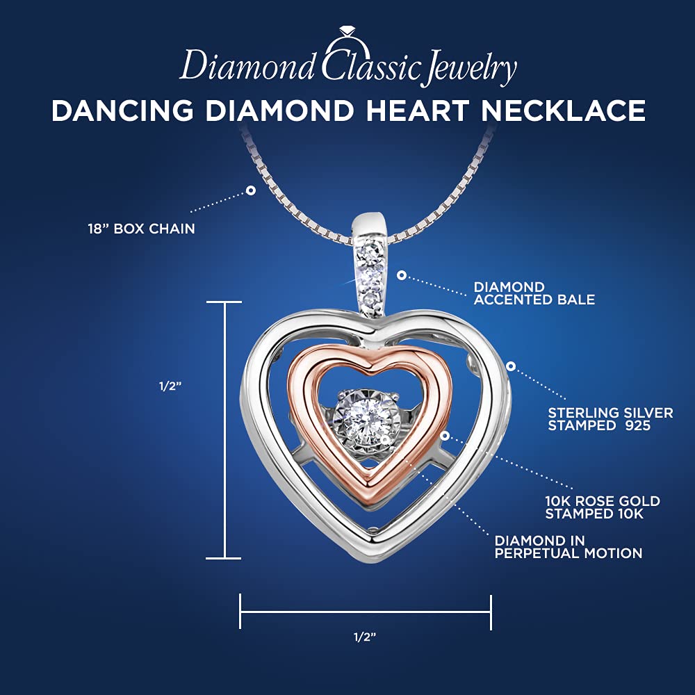 Diamond Heart Necklace in Sterling Silver and 10k Rose Gold - 18 Inch Box Chain