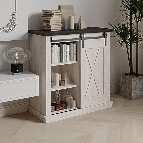 OLD CAPTAIN 32" Farmhouse Coffee Bar, Wooden Coffee Bar Cabinet with Sliding Barn Door, Kitchen Storage Cabinet with Adjustable Storage Shelves for Kitchen, Dining, Living Room (White)