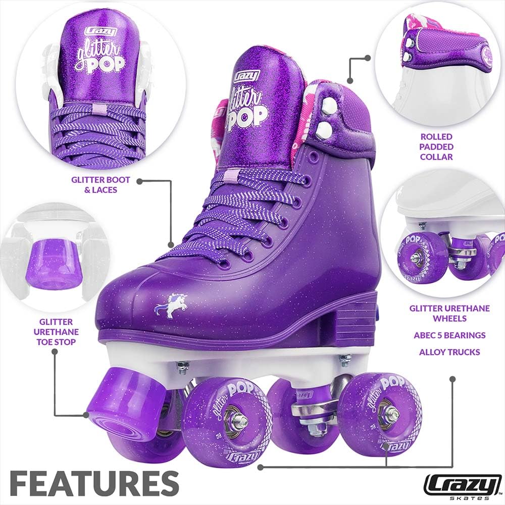 Crazy Skates Adjustable Roller Skates for Girls and Boys - Glitter Pop Collection - Size Adjustable to fit Four Sizes - Purple (Size: Small | j12-2)