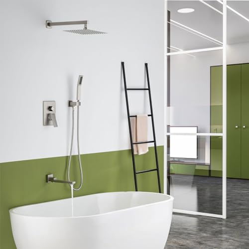 DoBrass Tub Shower Faucets Set Complete with Pre-embedded Valve, 10-inch Square Waterfall Shower Head System with Handheld Shower and Tub Spout, Bathroom with Bathtub, Wall Mounted, Brushed Nickel