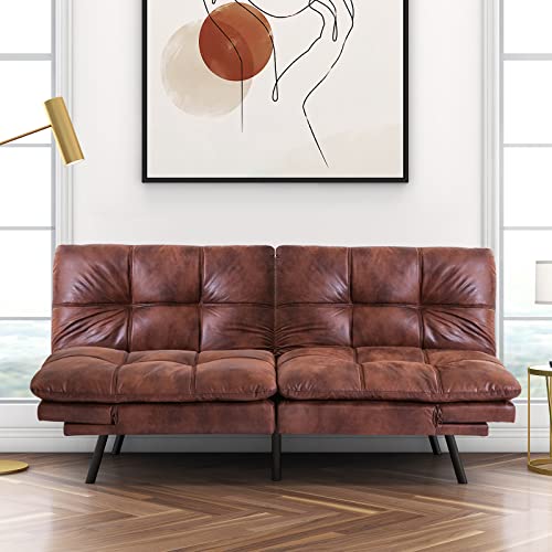 IULULU Futon Sofa Bed, Faux Leather Couch, Modern Convertible Sleeper Daybed with Adjustable Armrests for Studio, Apartment, Office, Small Space, Compact Living Room, Brown