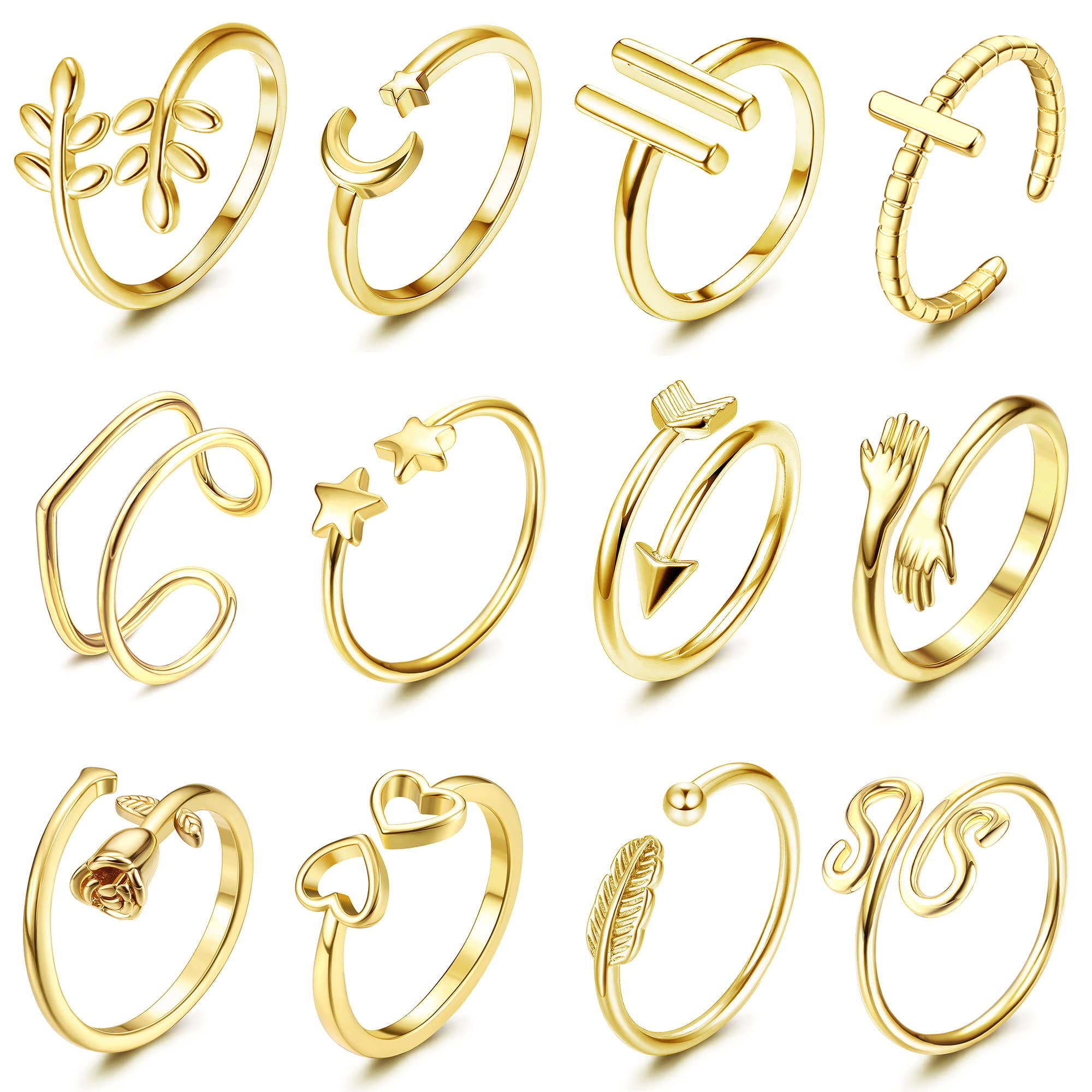 FASACCO 12Pcs Arrow Leaf Cross Hug Rings for Women Open Rings Set Adjustable Stackable Knuckle Thumb Rings 14K Gold Plated Heart Moon Star Joint Finger Rings Gold Tone