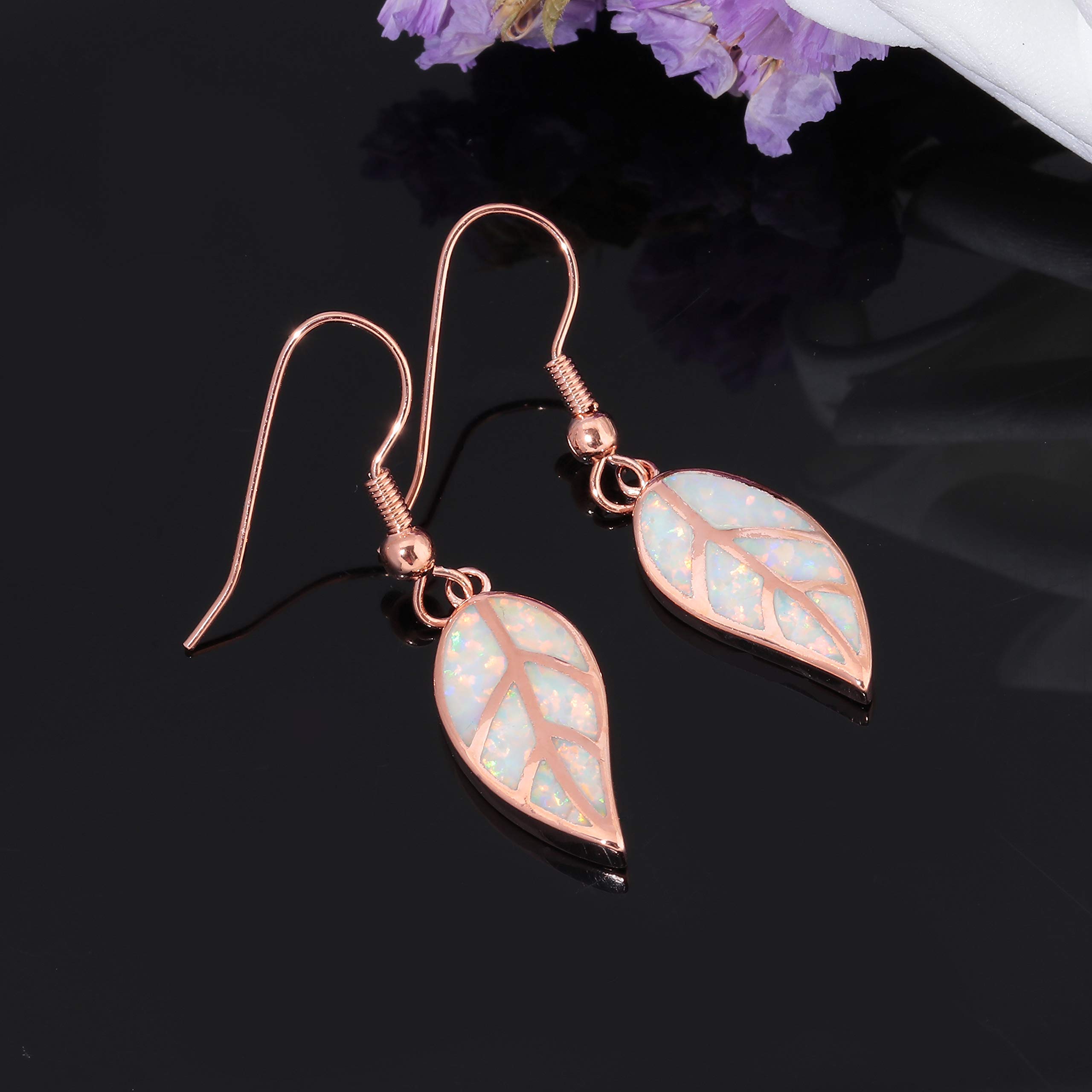 CINily Rose Gold Opal Dangle Earring-Leaf Drop Earrings White Opal Gemstone Dangle Earrings for Women